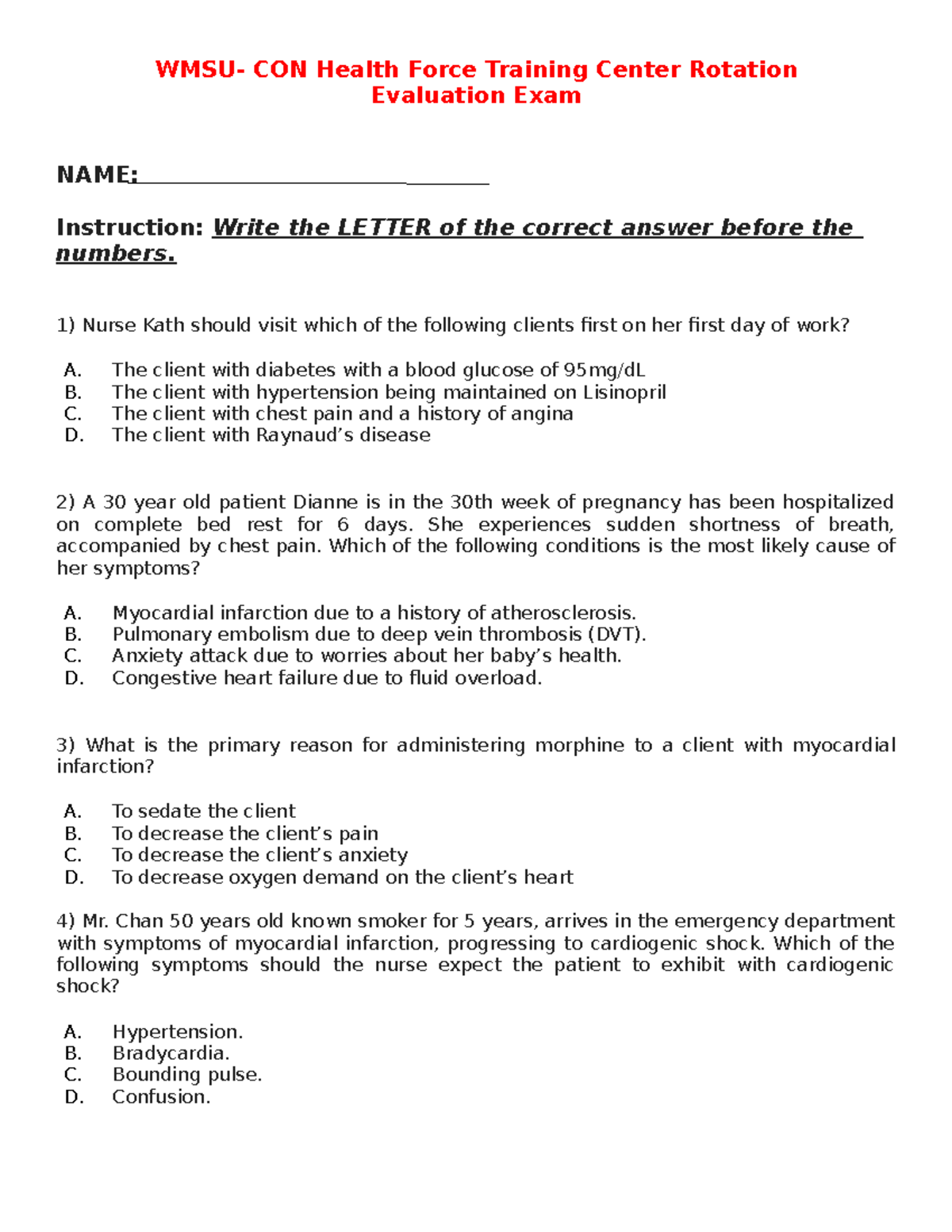 EXAM HFTC - health force training center - WMSU- CON Health Force ...