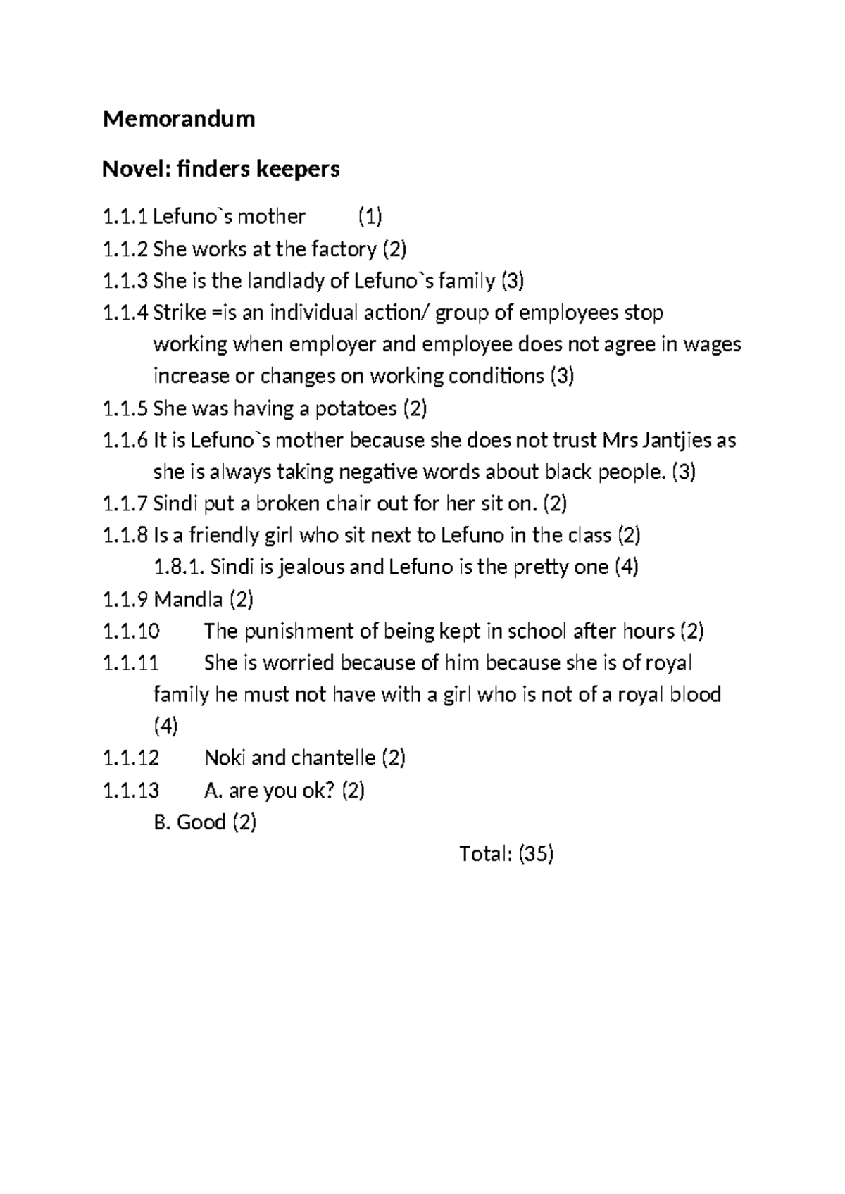 English memo - memo - Memorandum Novel: finders keepers 1.1 Lefuno`s ...