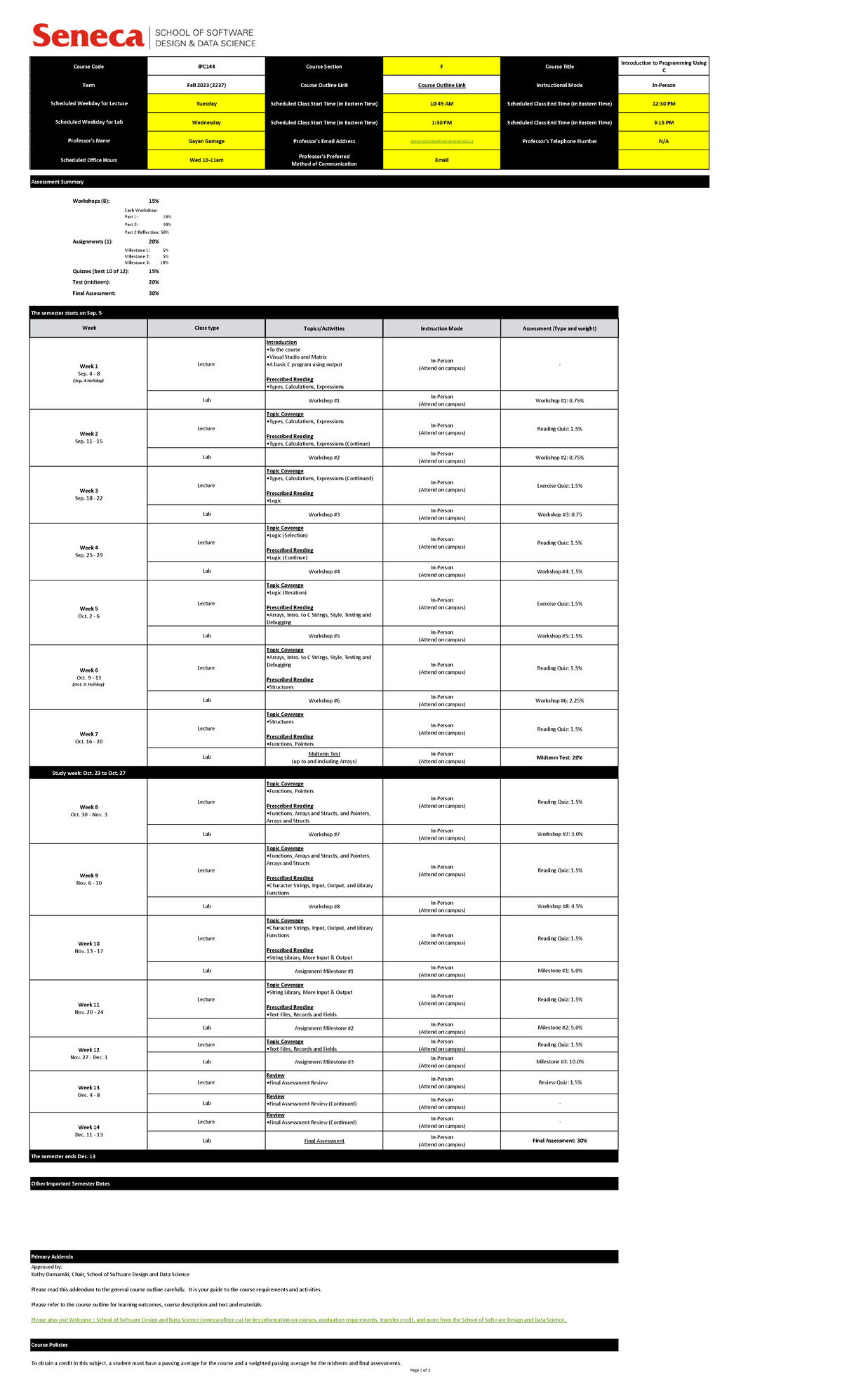 Addendum (Course Schedule) - Course Code IPC144 Course Section F Course ...