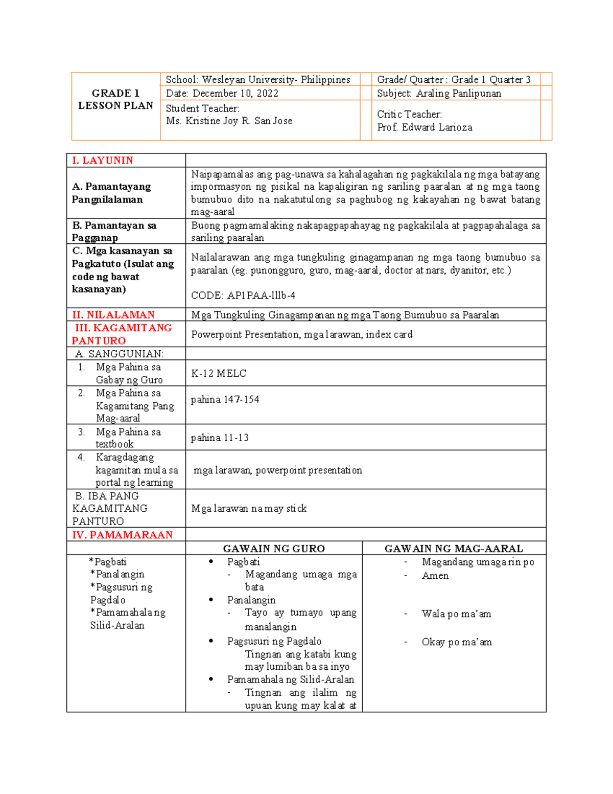 DLP Grade 1 SIR Edward - GRADE 1 LESSON PLAN School: Wesleyan ...