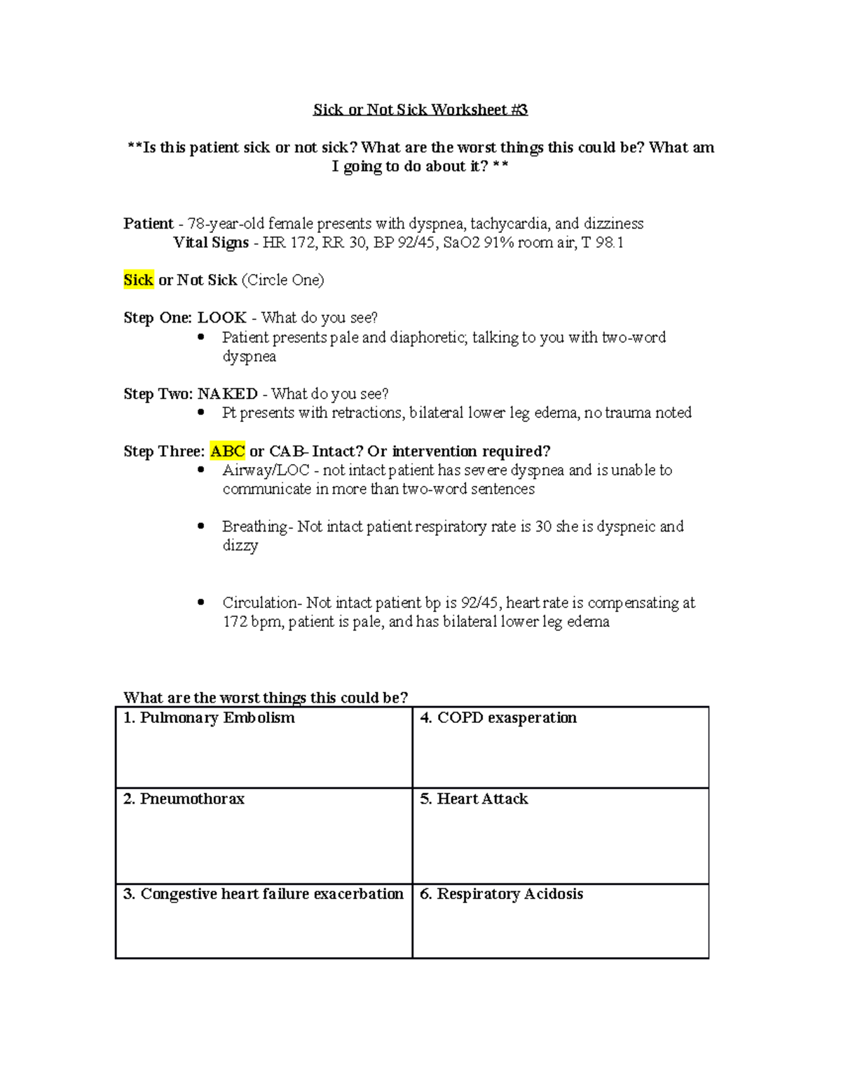 Sick or Not Sick Worksheet 3 - Sick or Not Sick (Circle One) Step One ...