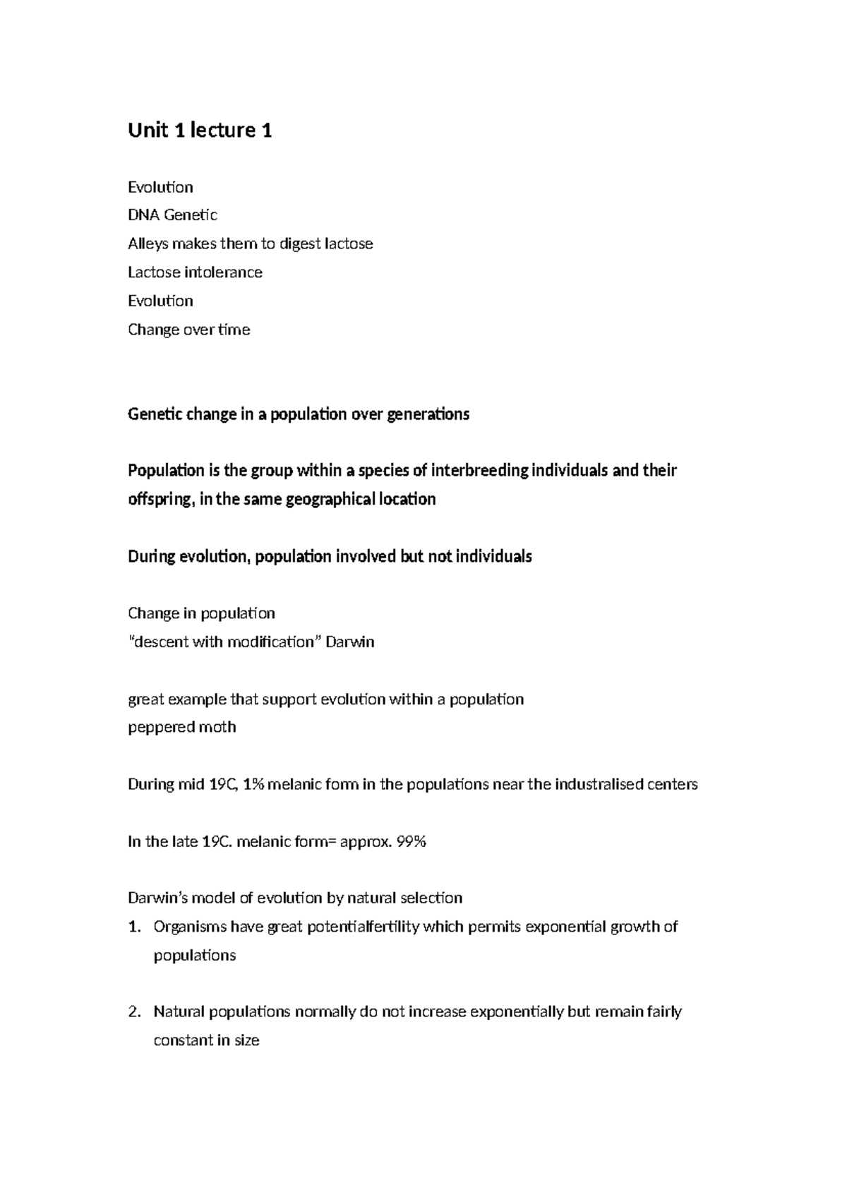 ANHB1101 Notes - Unit 1 lecture 1 Evolution DNA Genetic Alleys makes ...