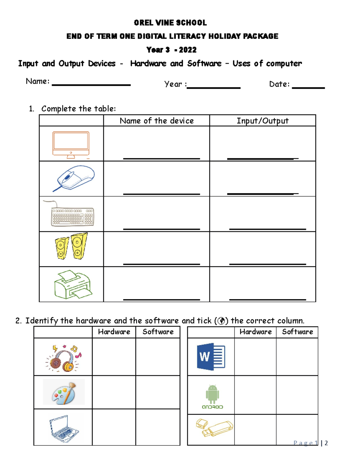 Year 3 - COMPUTING - P a g e 1 | 2 END OF TERM ONE DIGITAL LITERACY ...