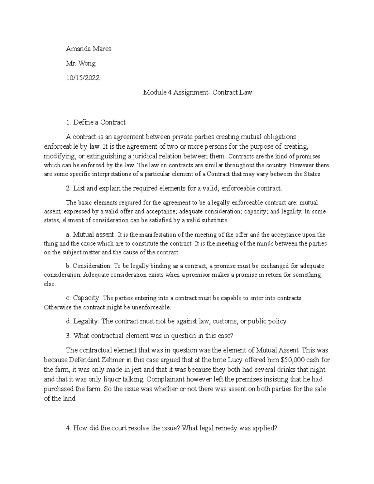 Mares Amanda Module 4 contract law - Amanda Mares Mr. Wong 10/15 ...