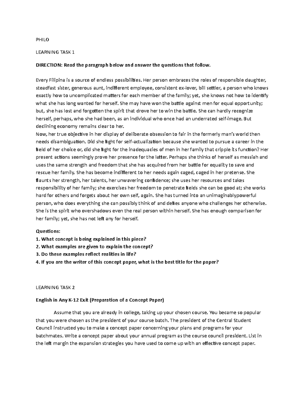 Philo - asfsd - PHILO LEARNING TASK 1 DIRECTION: Read the paragraph ...