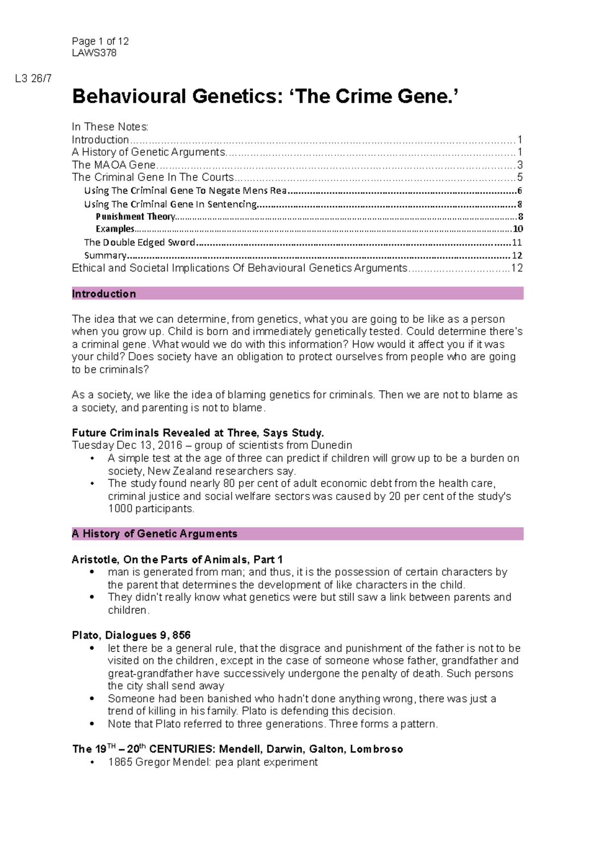 Behavioural Genetics Notes - LAWS L3 26/ Behavioural Genetics: ‘The ...