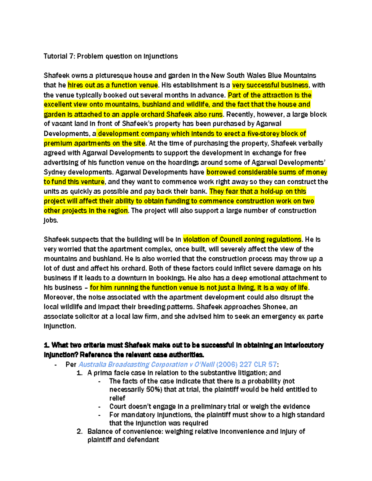 Week 8 Interlocutory Injunctions - Tutorial 7: Problem question on injunctions Shafeek owns a ...