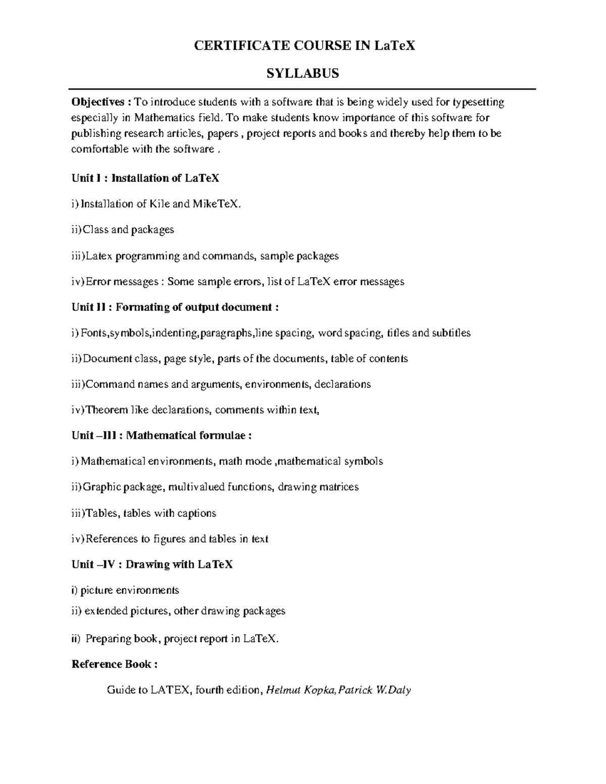 Certficate course in La Te X - CERTIFICATE COURSE IN LaTeX SYLLABUS ...