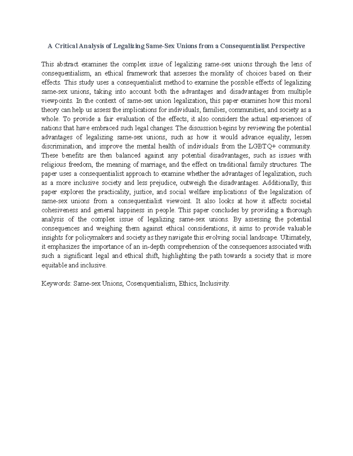 Abstract Philosophy - A Critical Analysis of Legalizing Same-Sex Unions ...