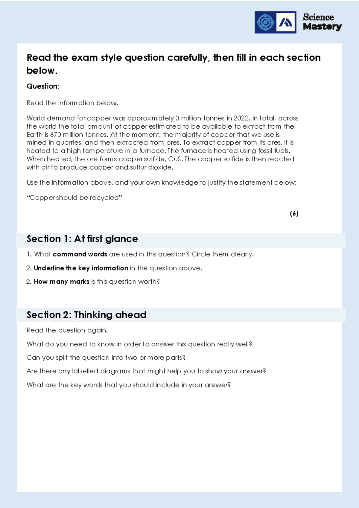 C4.2.15 Recycling Copper Exam Question Activity - Read the exam style ...