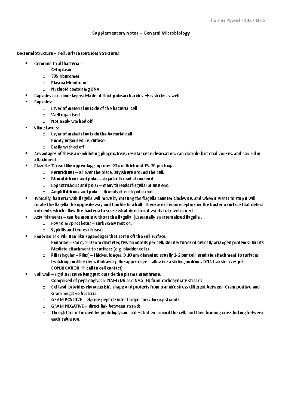 Supplementary notes - General Microbiology - Thomas Pywell - 13274345 ...