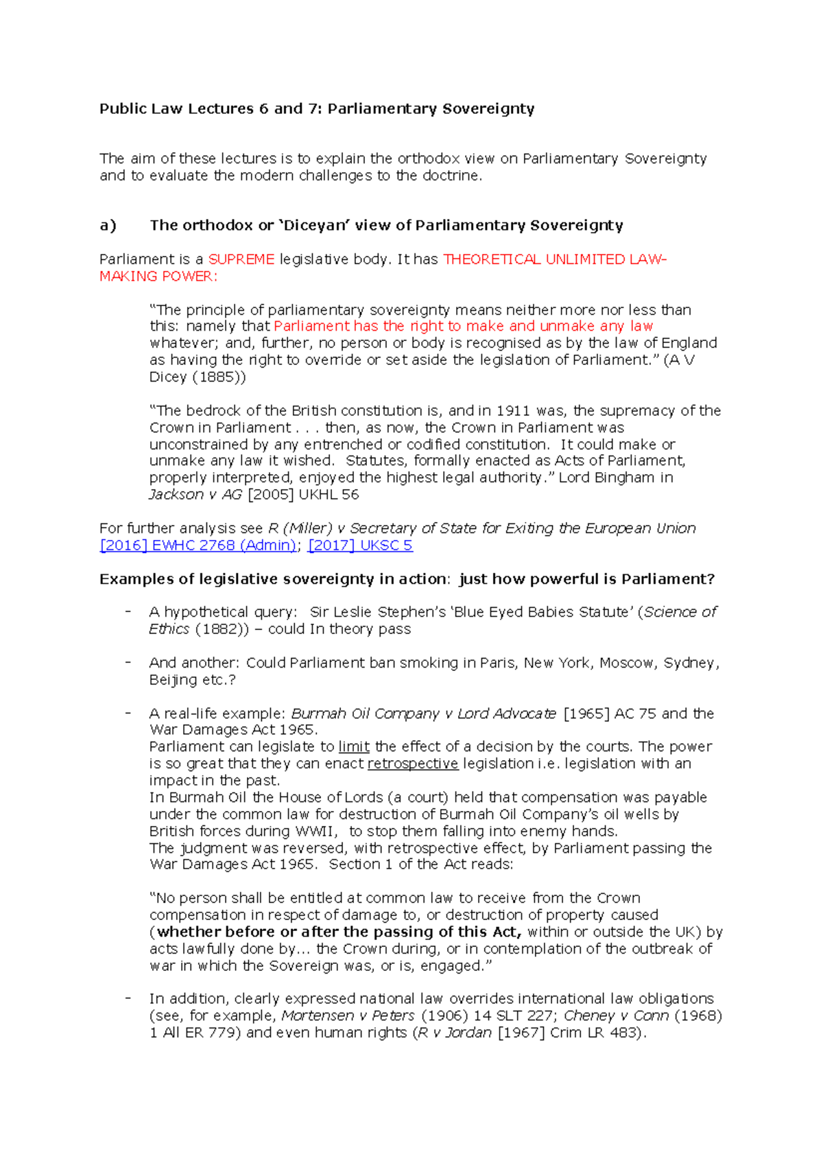 Lectures 6 and 7 Parliamentary Sovereignty Lecture Outline - Public Law Lectures 6 and 7: - Studocu
