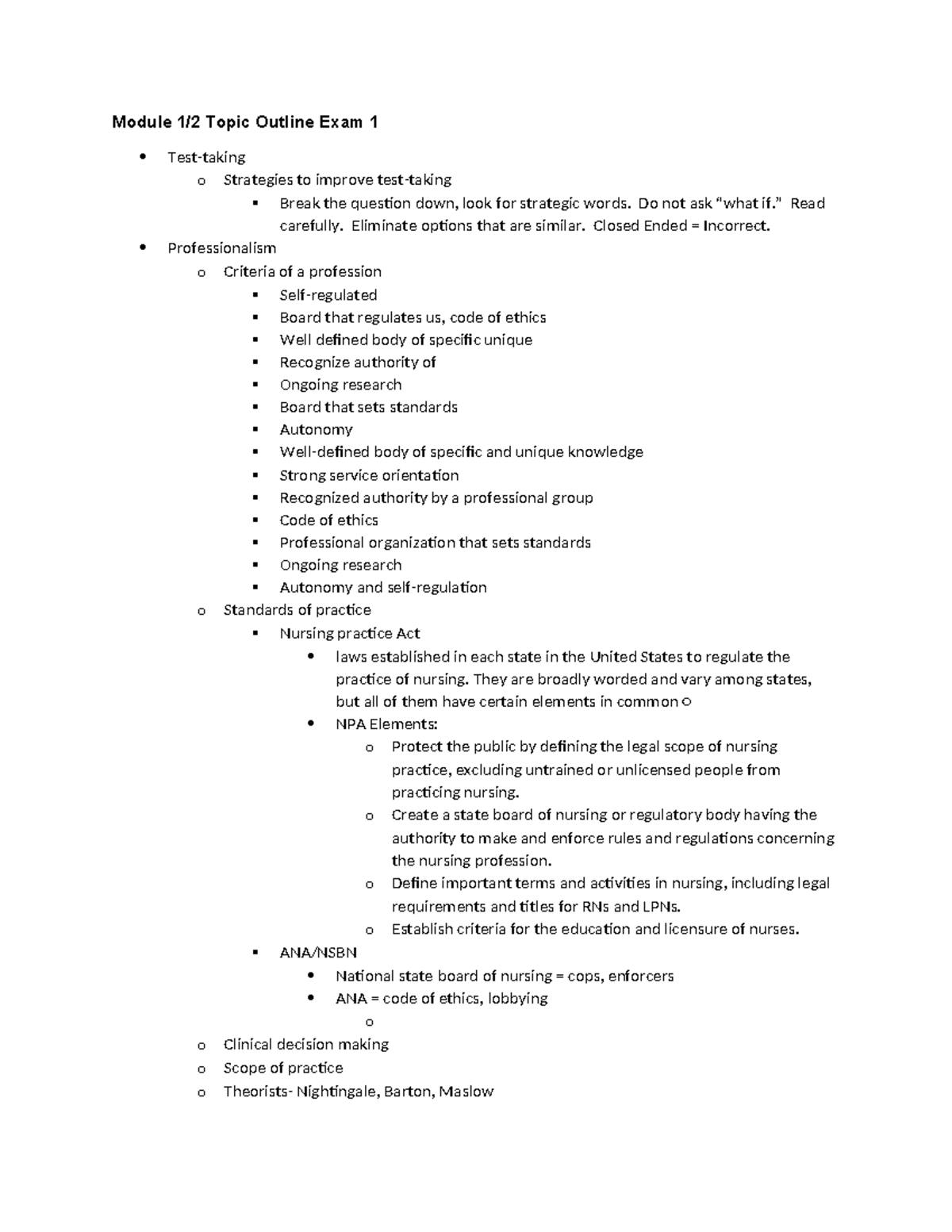 Module 1-2 topic sheet - NUR1025C Exam 1 Study Guide - Module 1/2 Topic ...