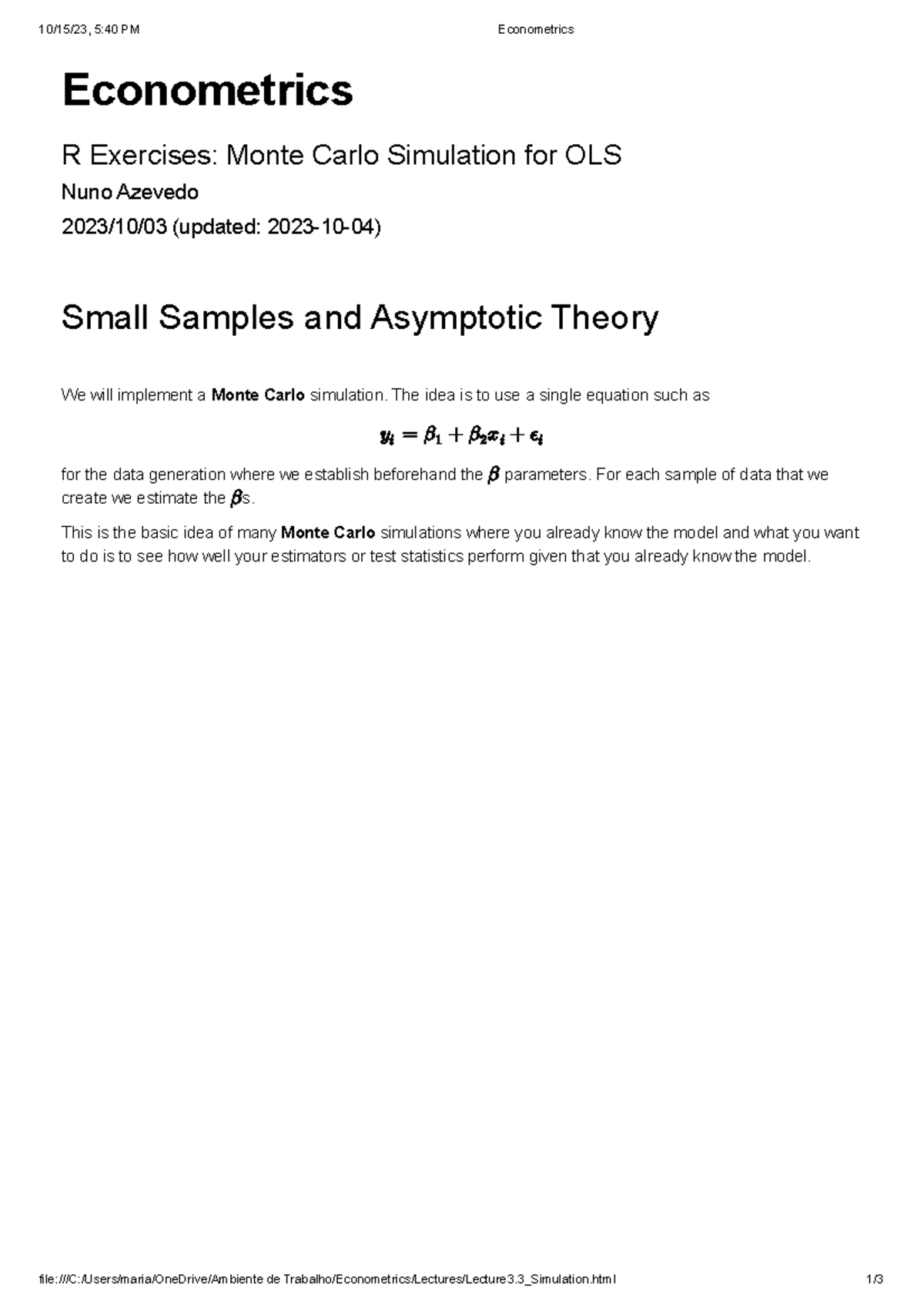Lecture 3.3 Simulation Monte Carlo - 10/15/23, 5:40 PM Econometrics - Studocu