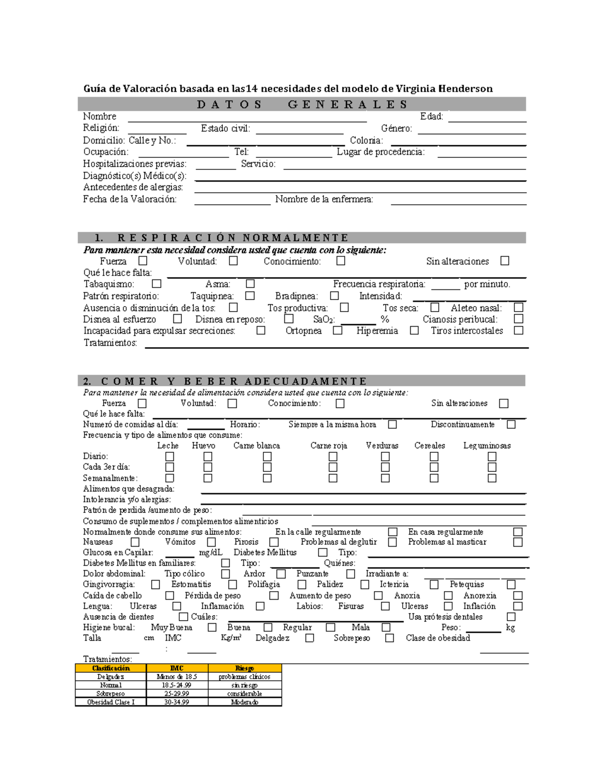 Instrumento de valoración - Guía de Valoración basada en las14 necesidades del modelo de ...