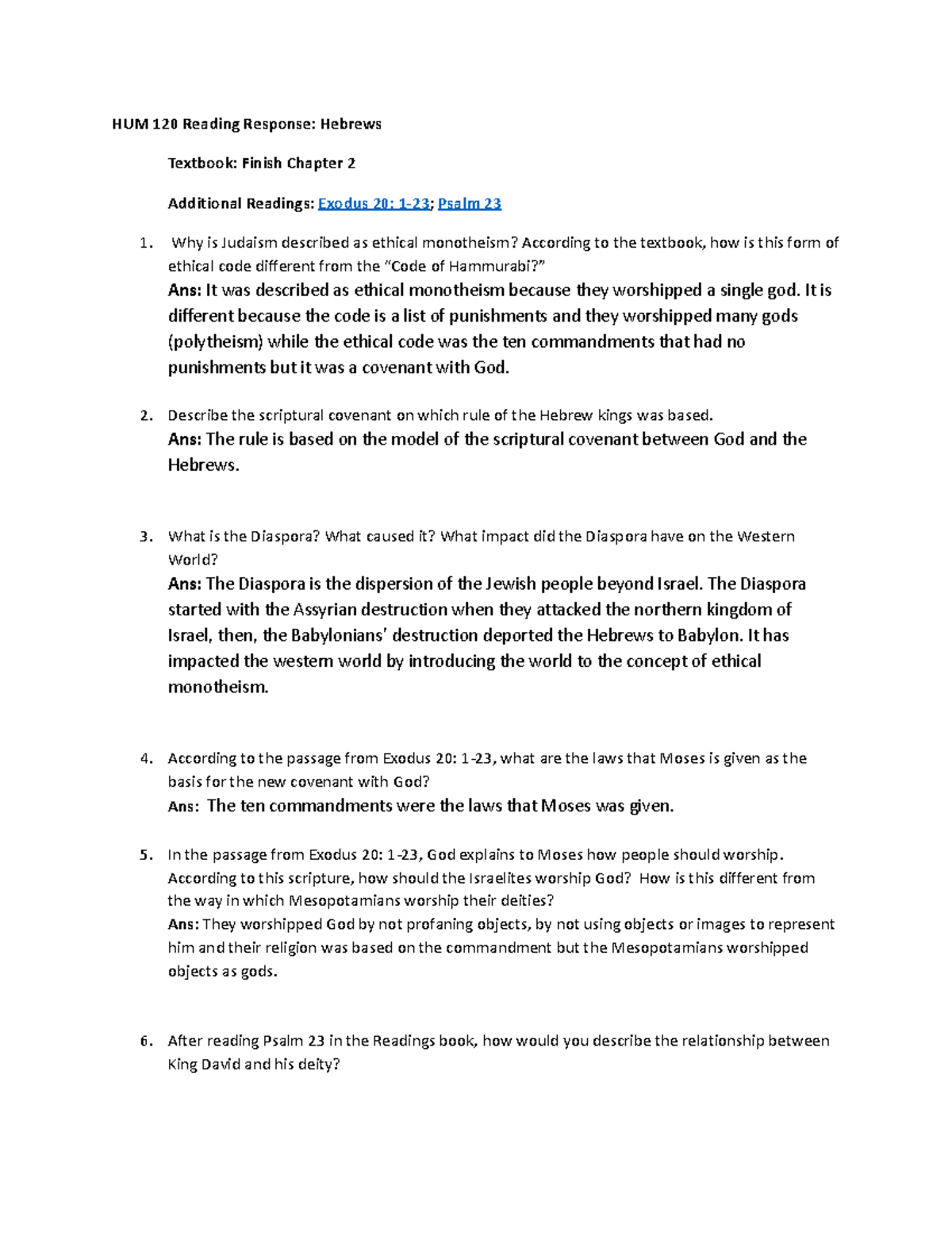 HUM 120 Reading Response Hebrews - HUM 120 Reading Response: Hebrews ...