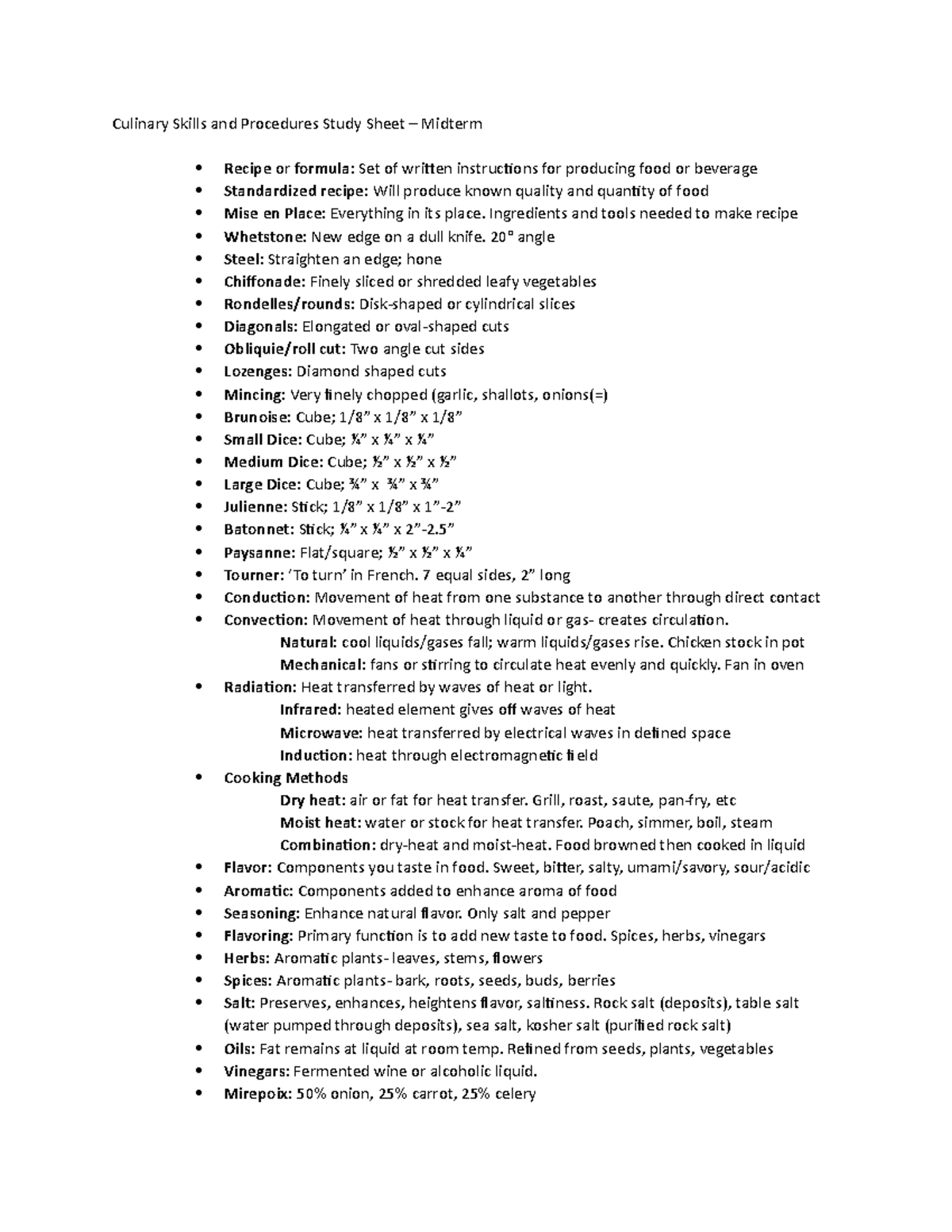 Culinary midterm study sheet - Culinary Skills and Procedures Study ...