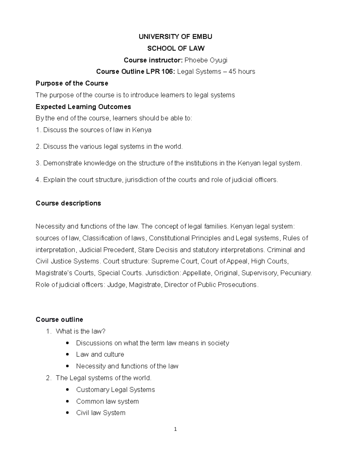 Course outline legal systems - UNIVERSITY OF EMBU SCHOOL OF LAW Course ...