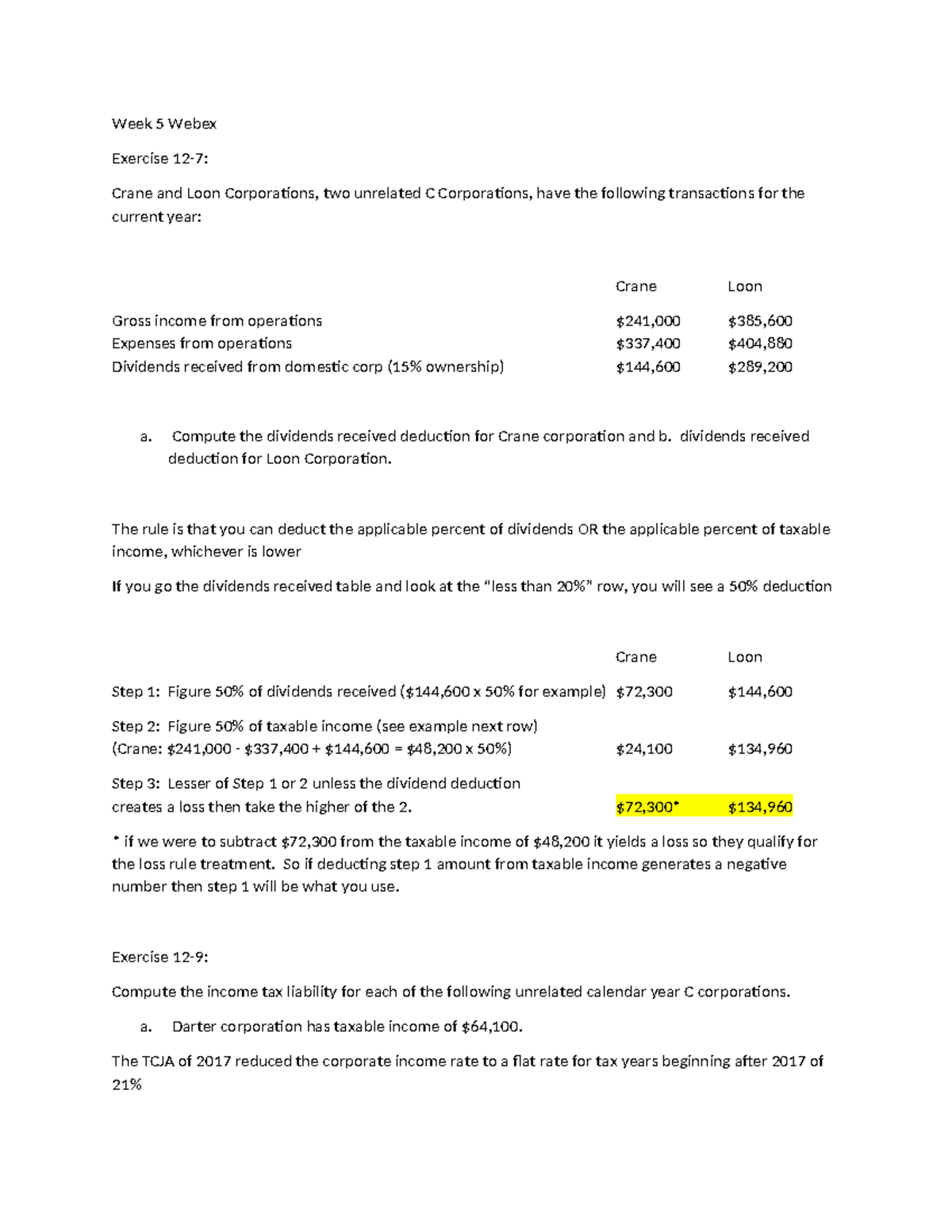 Week 5 Webex Homework - Week 5 Webex Exercise 12-7: Crane and Loon ...