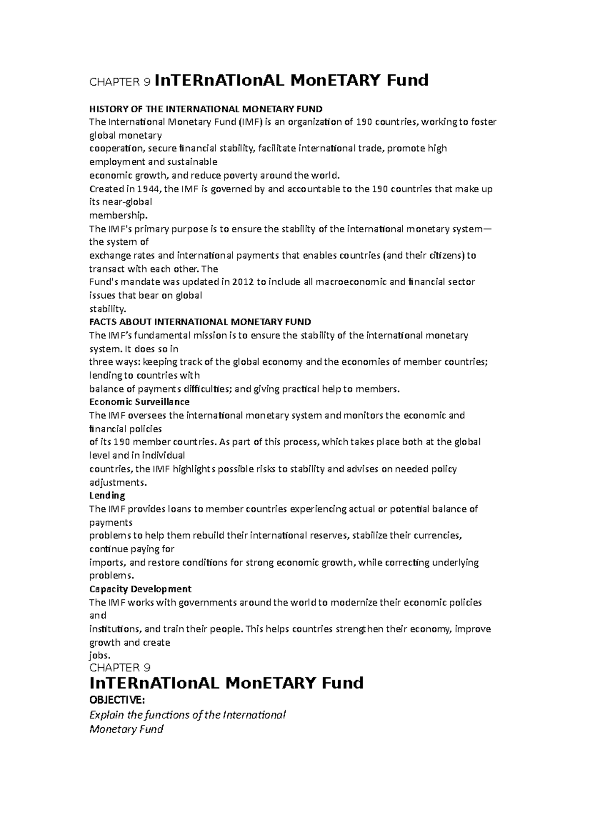 Chapter 9 In TERn ATIon AL Mon Etary Fund - CHAPTER 9 InTERnATIonAL MonETARY Fund HISTORY OF THE ...