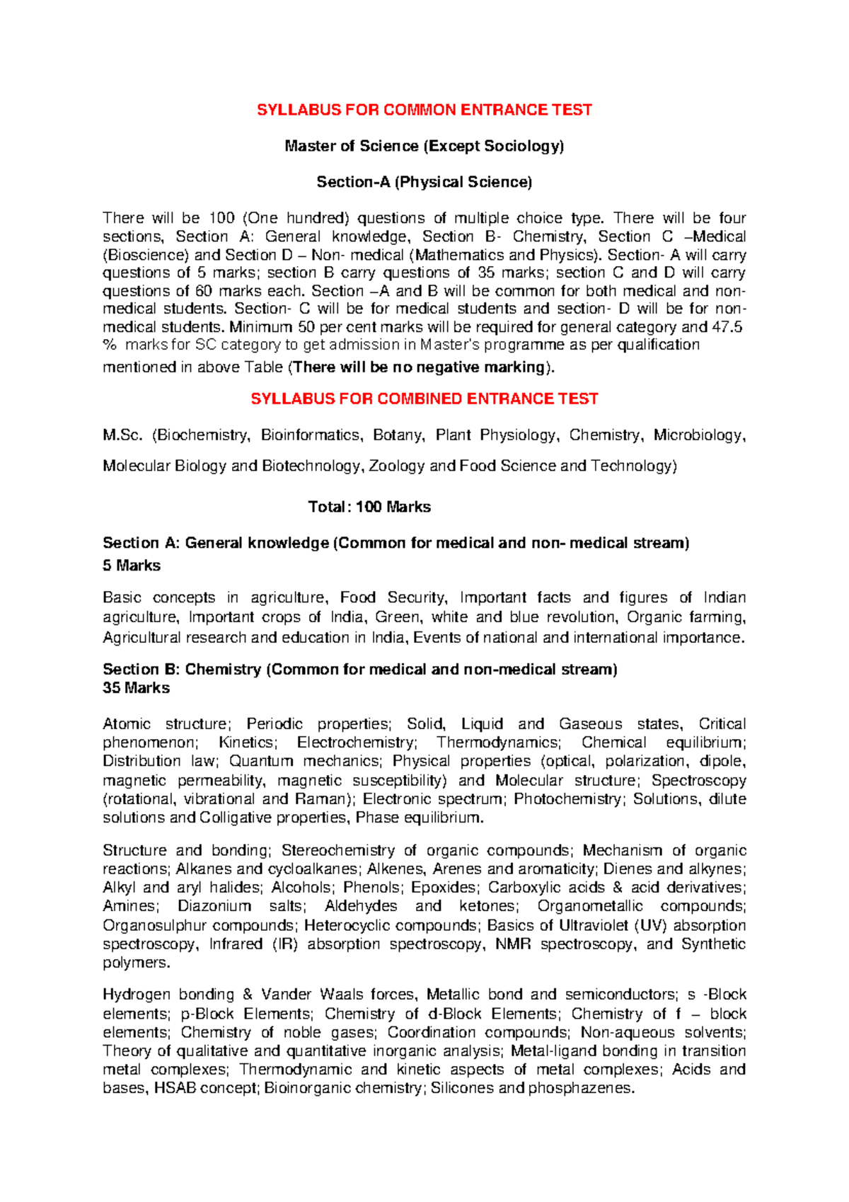 Syllabus FOR Master Programme (1) - SYLLABUS FOR COMMON ENTRANCE TEST ...