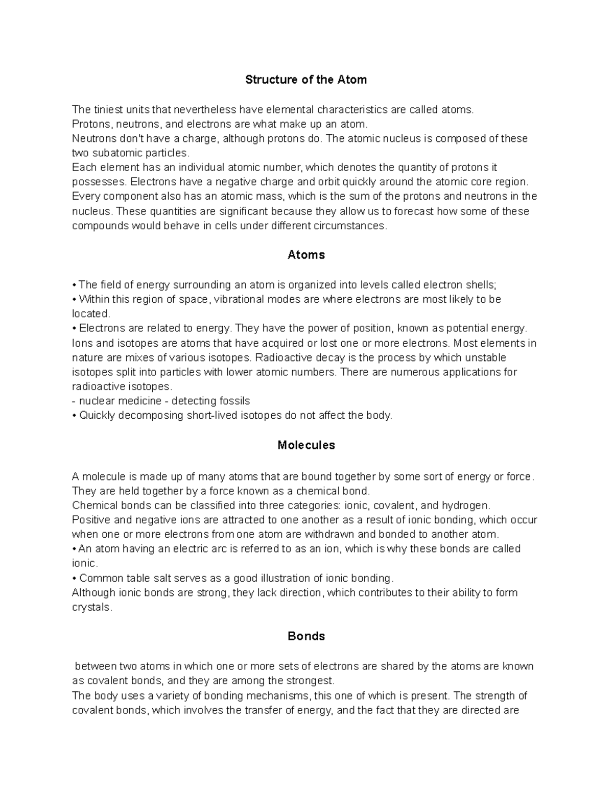 BIO101 Chemical Basis for Life Notes pt 1 - Structure of the Atom The ...
