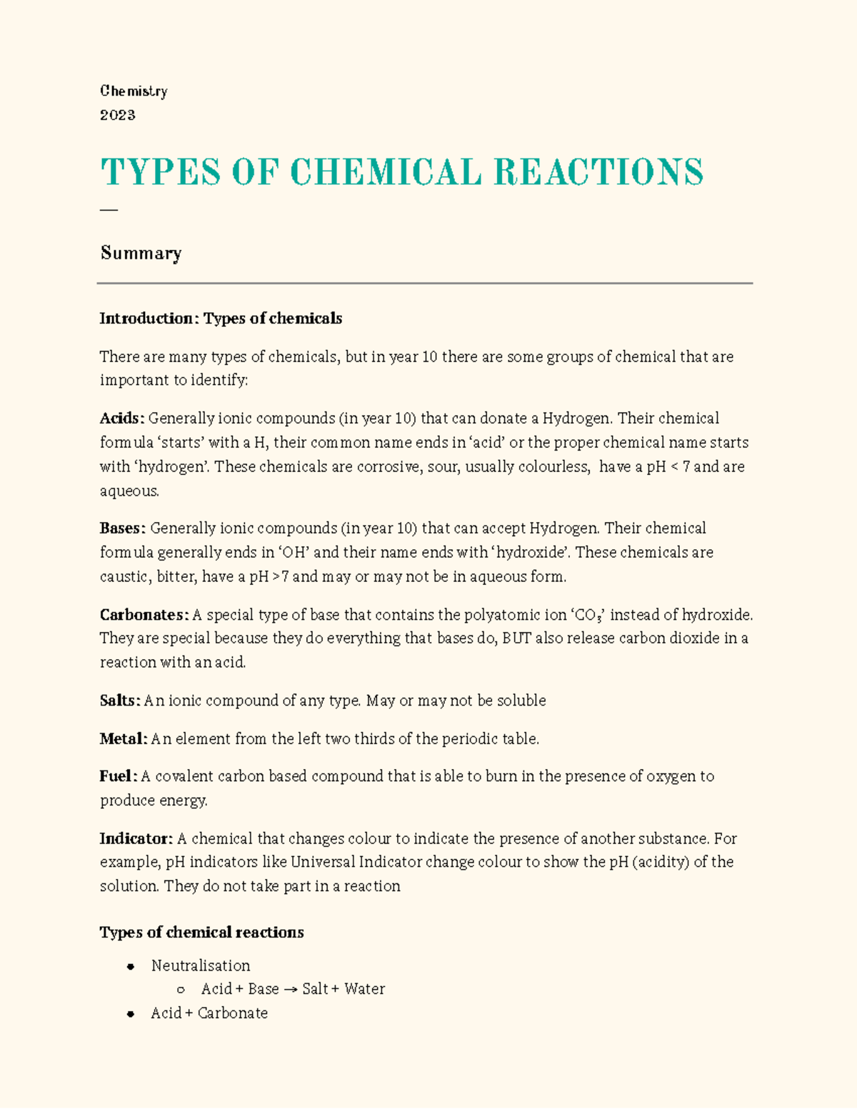 Yr 10 chemistry word equations - Google Docs - Chemistry 2023 TYPES OF ...