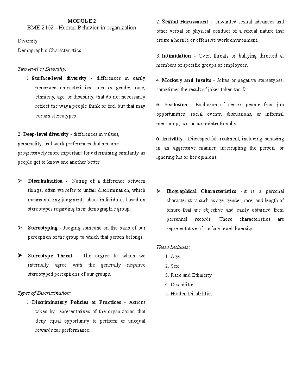 BME2102 Module 2 reviewer - MODULE 2 BME 2102 - Human Behavior in organization Diversity ...