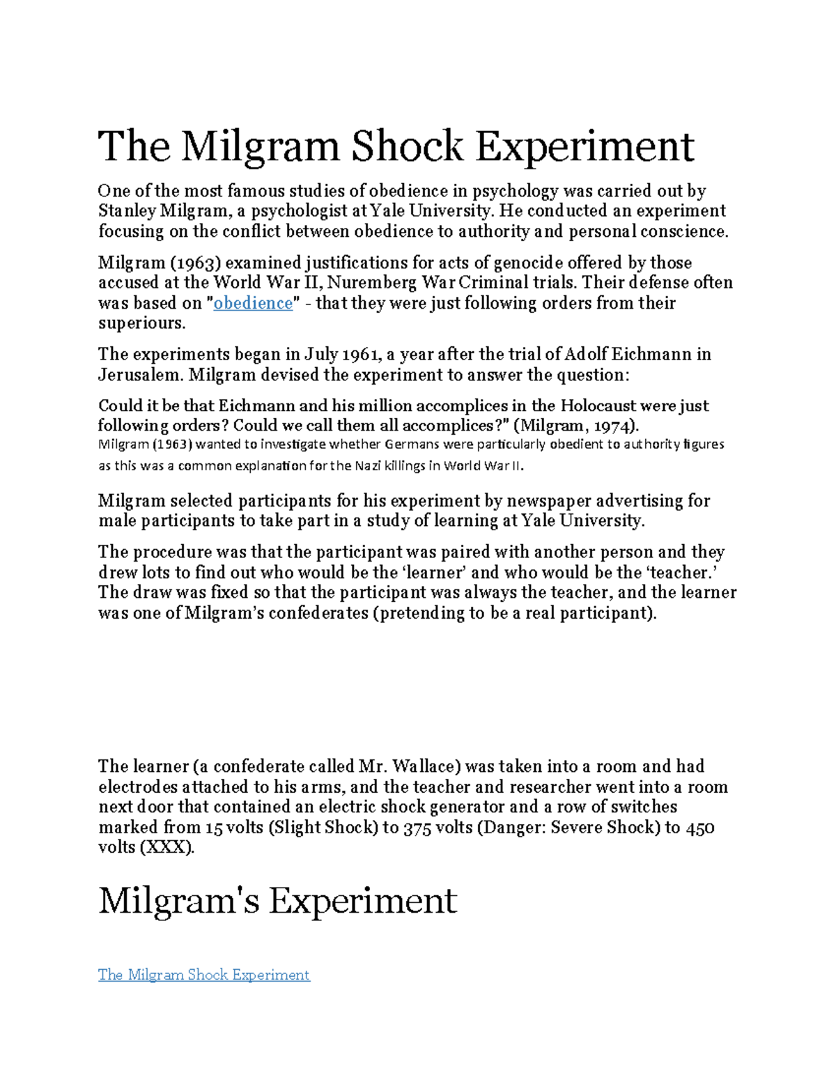 Module 7 - Lecture notes 7 - The Milgram Shock Experiment One of the ...