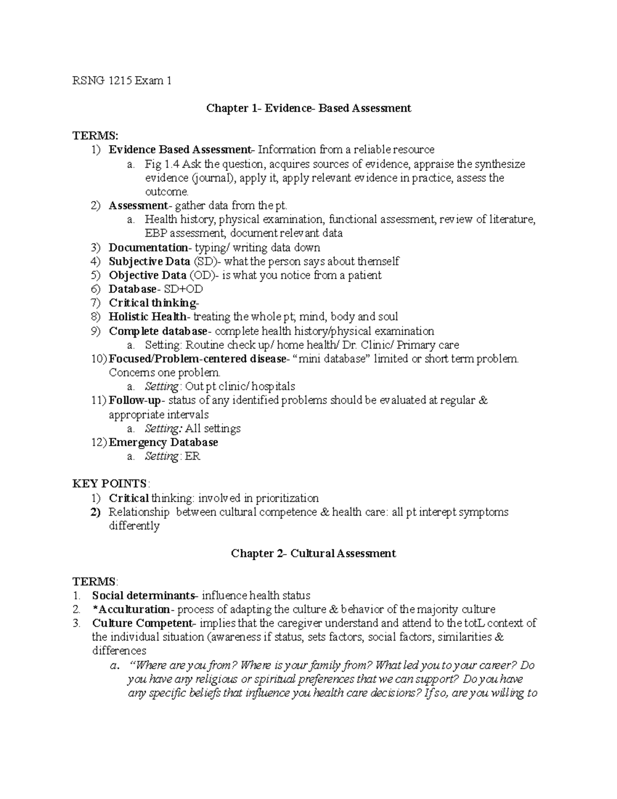RSNG 1215 Exam 1 Notes 1, 2, 3, 4, 9, 11 - RSNG 1215 Exam 1 Chapter 1 ...