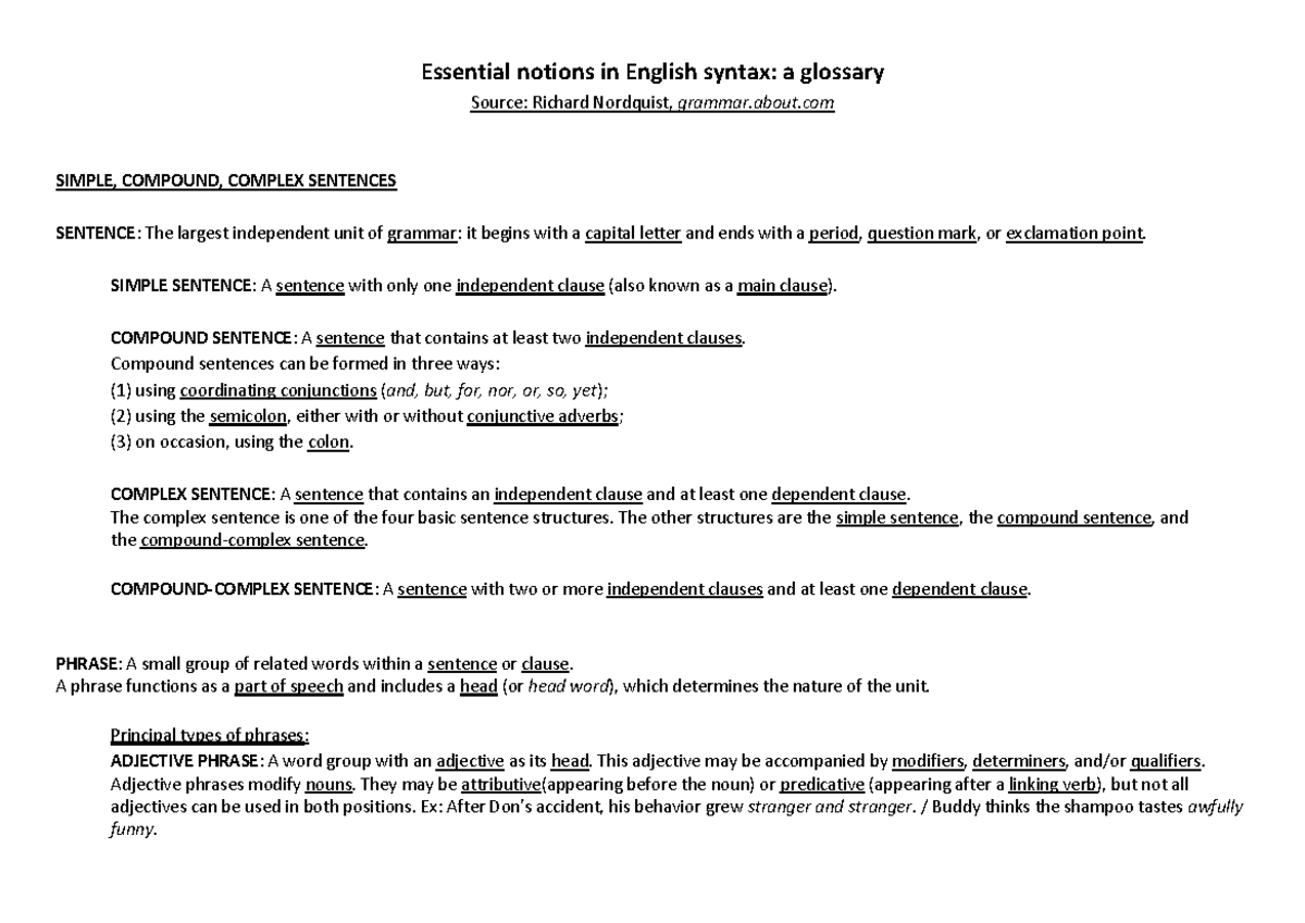 Essential notions in English syntax - about SIMPLE, COMPOUND, COMPLEX ...