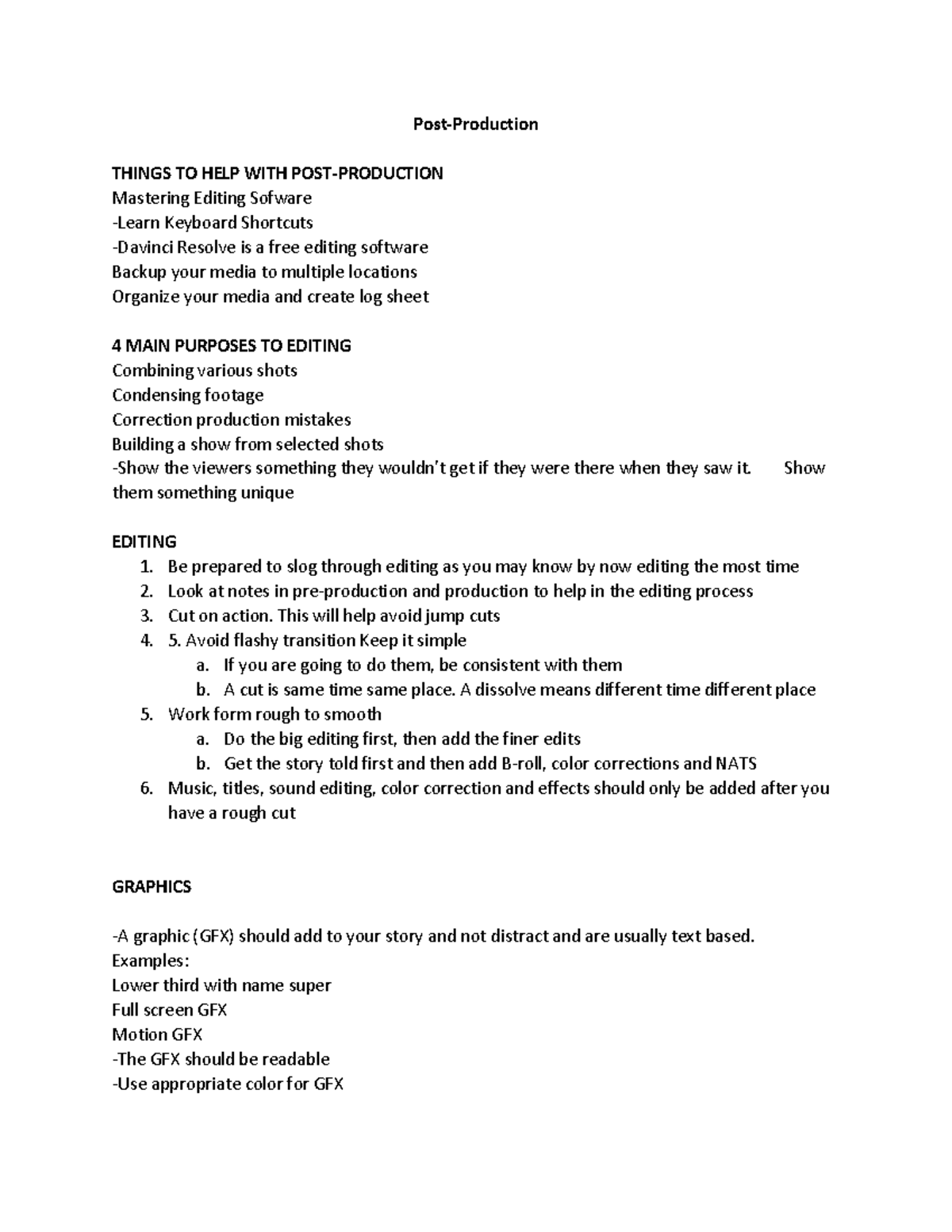 Intro to Video Post-Production - Post-Production THINGS TO HELP WITH ...