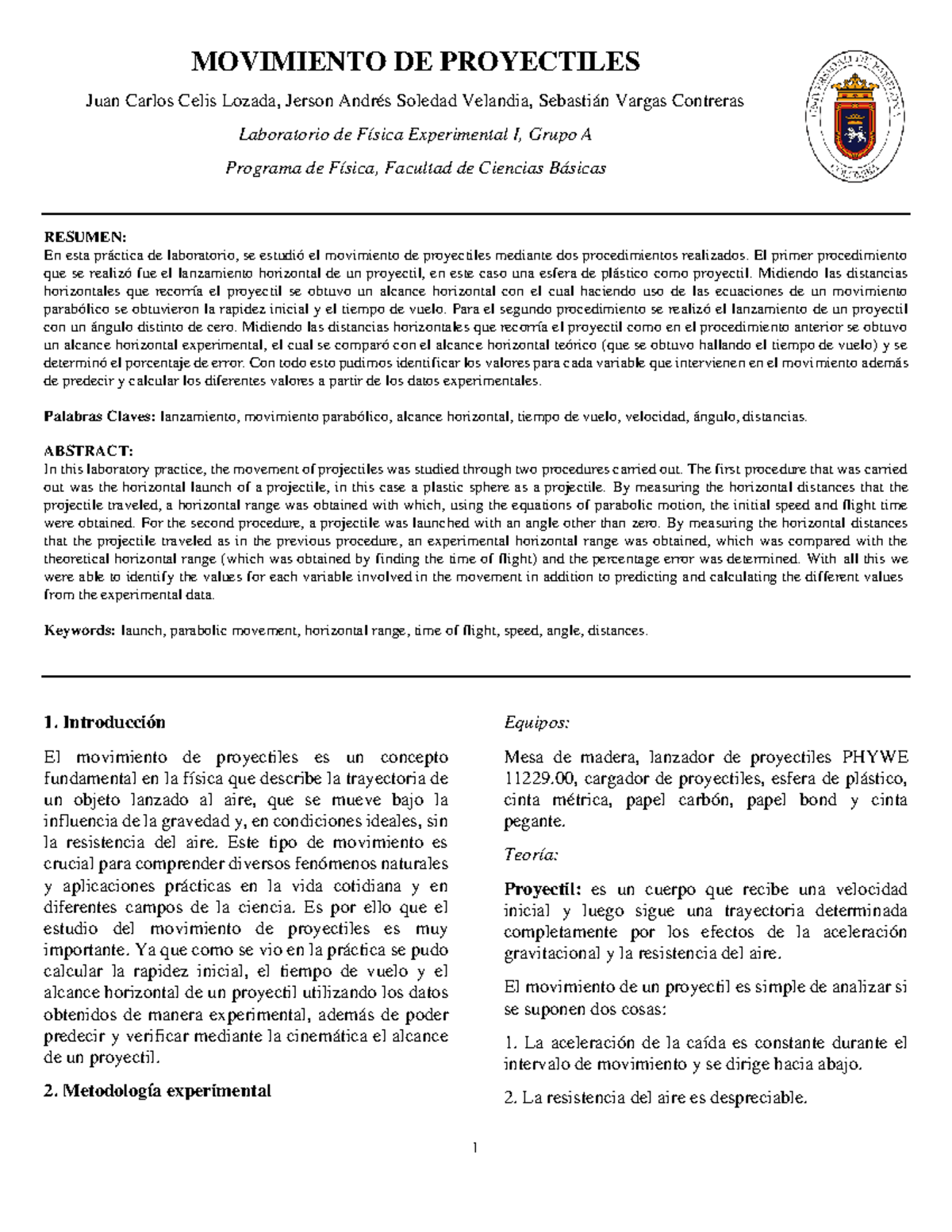 Informe lab 3 - MOVIMIENTO DE PROYECTILES Juan Carlos Celis Lozada ...