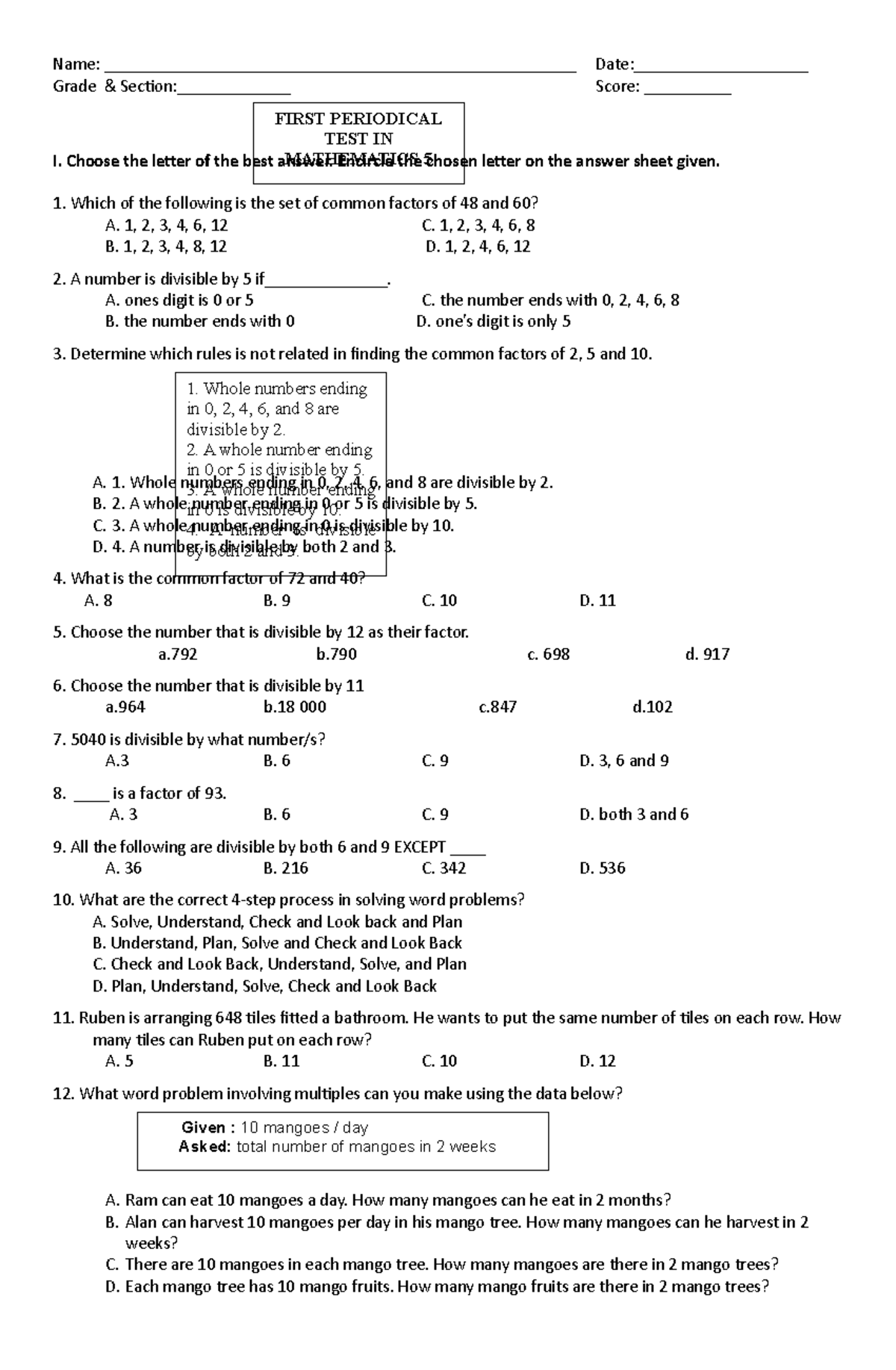 Mathematics Test Exam Name
