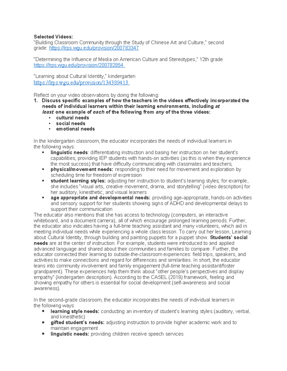 Task 1 Needs - TASK 2 - Selected Videos: “Building Classroom Community ...