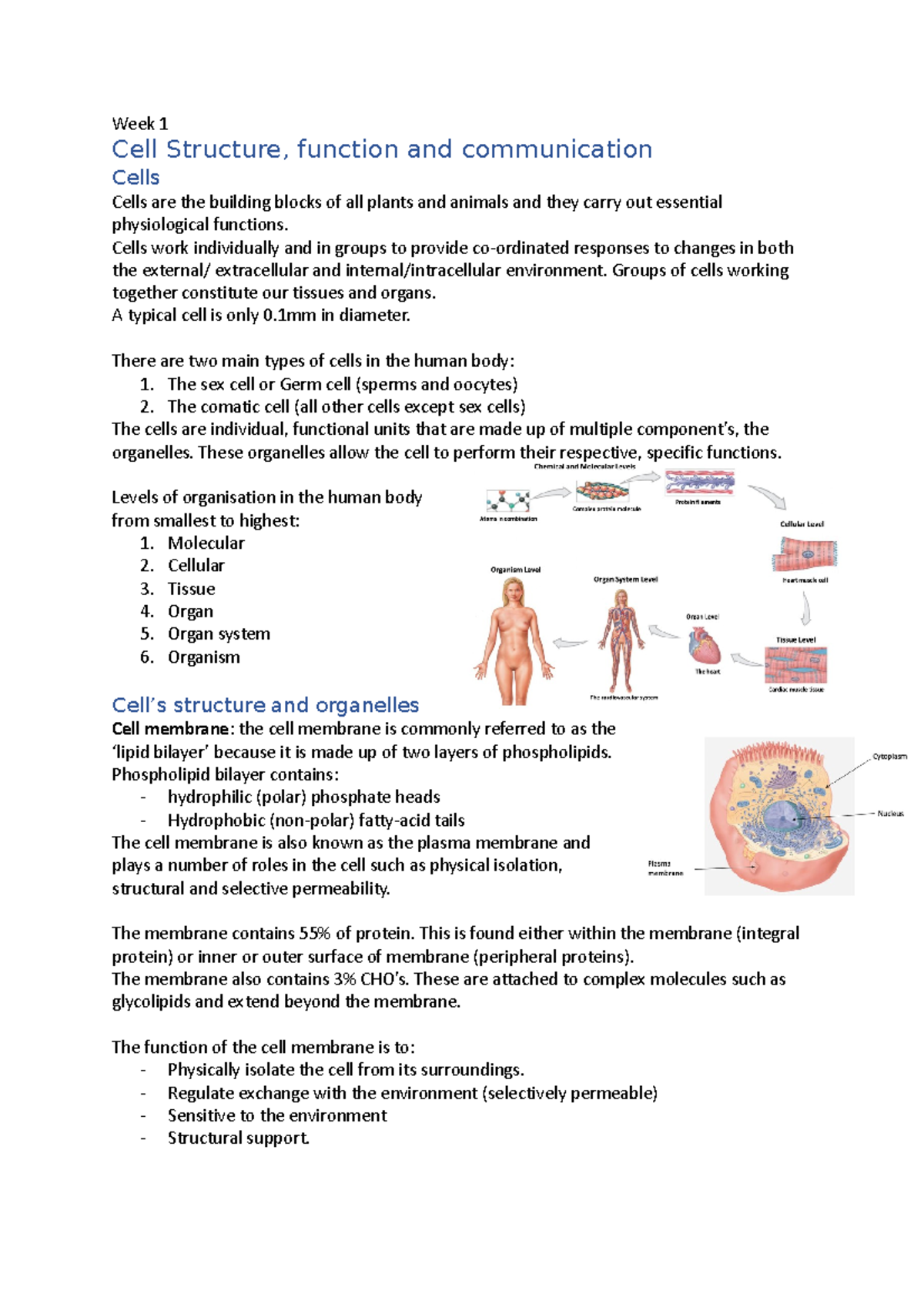 Summary - all cource content - Week 1 Cell Structure, function and ...