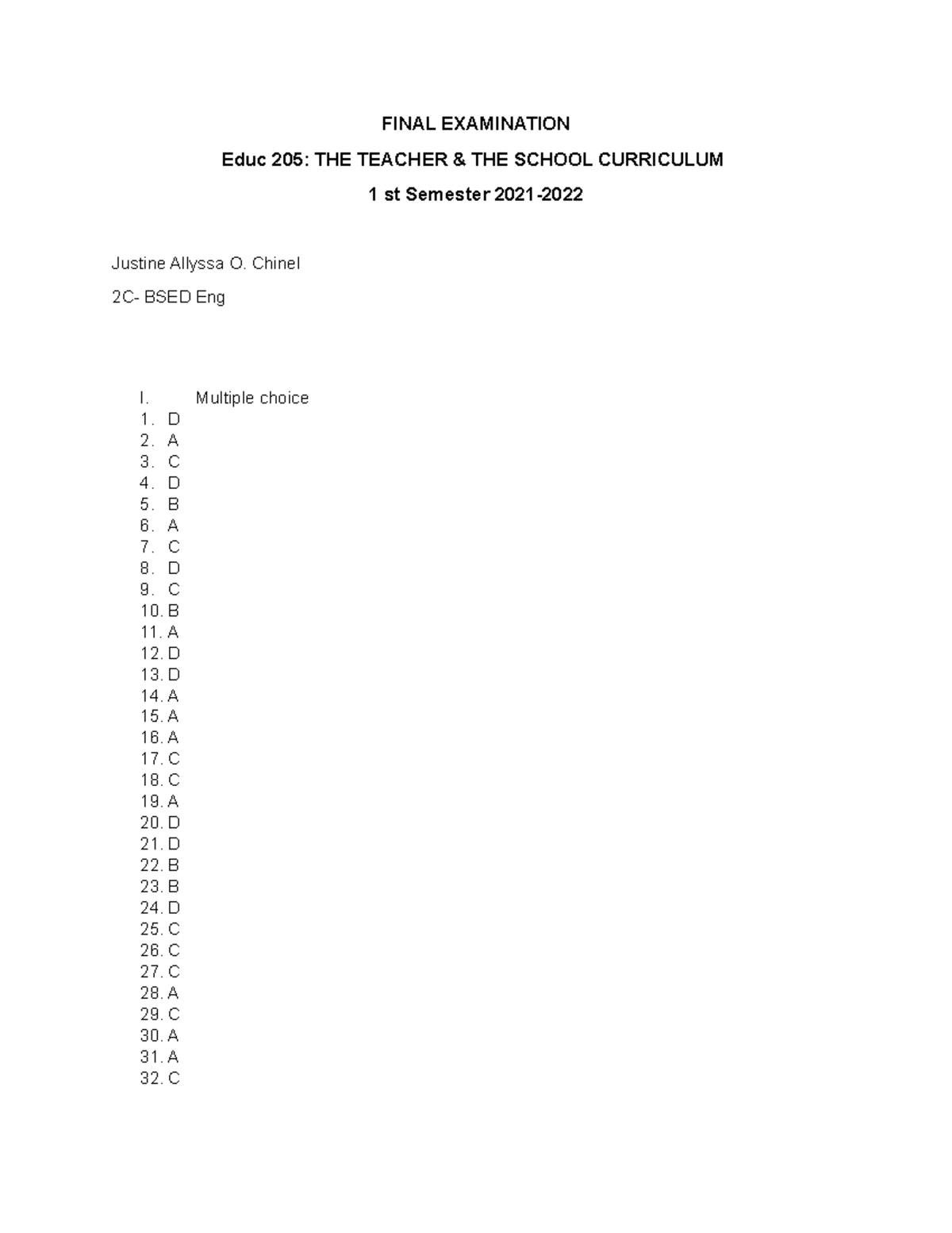 EDUC 205 - FINAL EXAMINATION Educ 205: THE TEACHER & THE SCHOOL ...