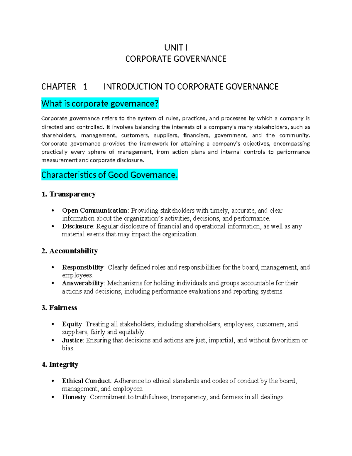 Chapter 1- Discussion - Lecture notes on corporate governance - UNIT I ...