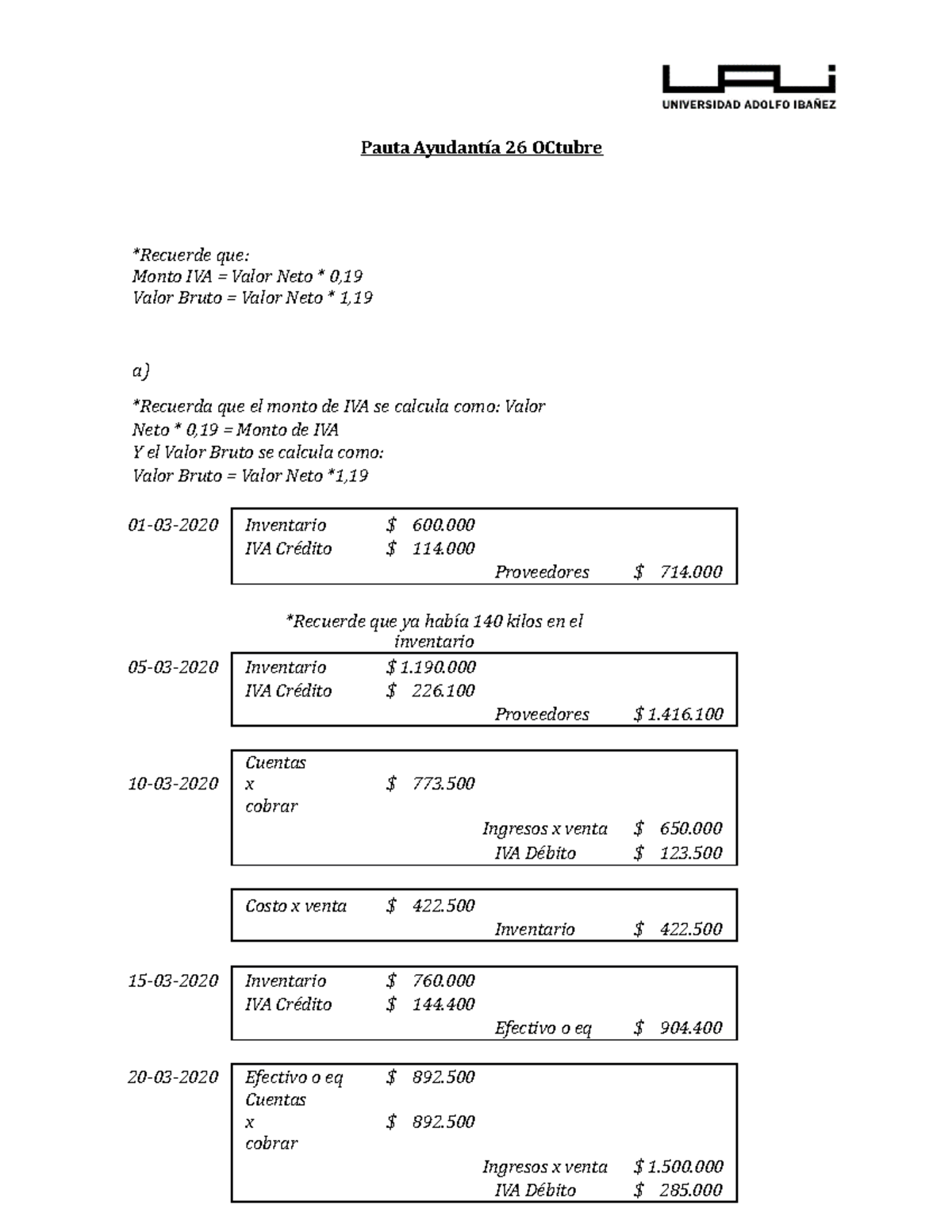 Pauta 26 octubre - Pauta Ayudantía 26 OCtubre *Recuerde que: Monto IVA ...