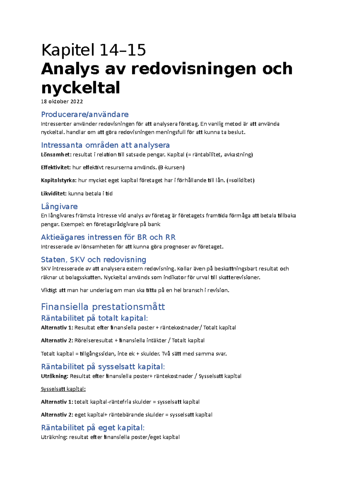 Kapitel 14-15 - Analys av redovisningen + nyckeltal - Kapitel 14 ...