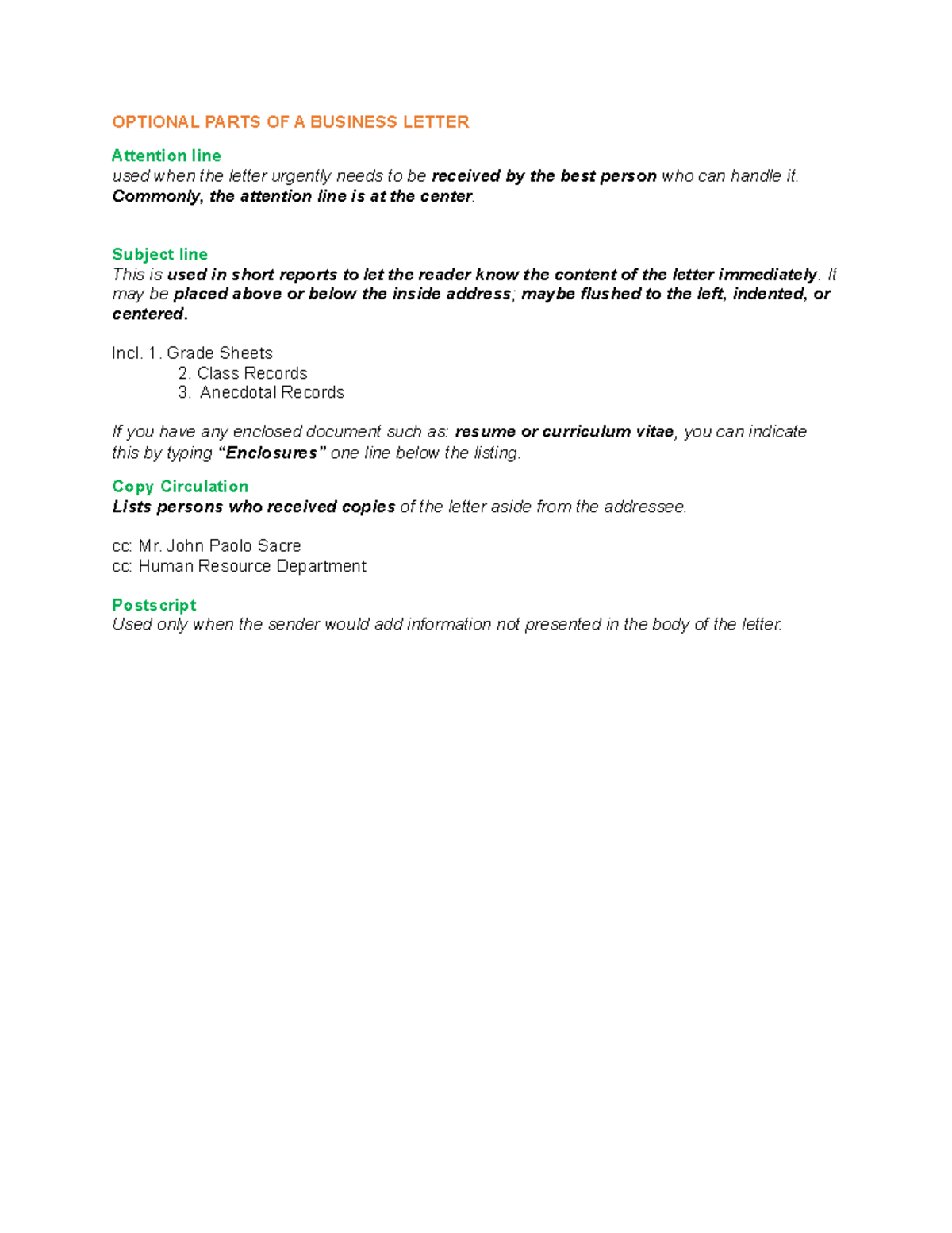 Optional Parts OF A Business Letter OPTIONAL PARTS OF A BUSINESS