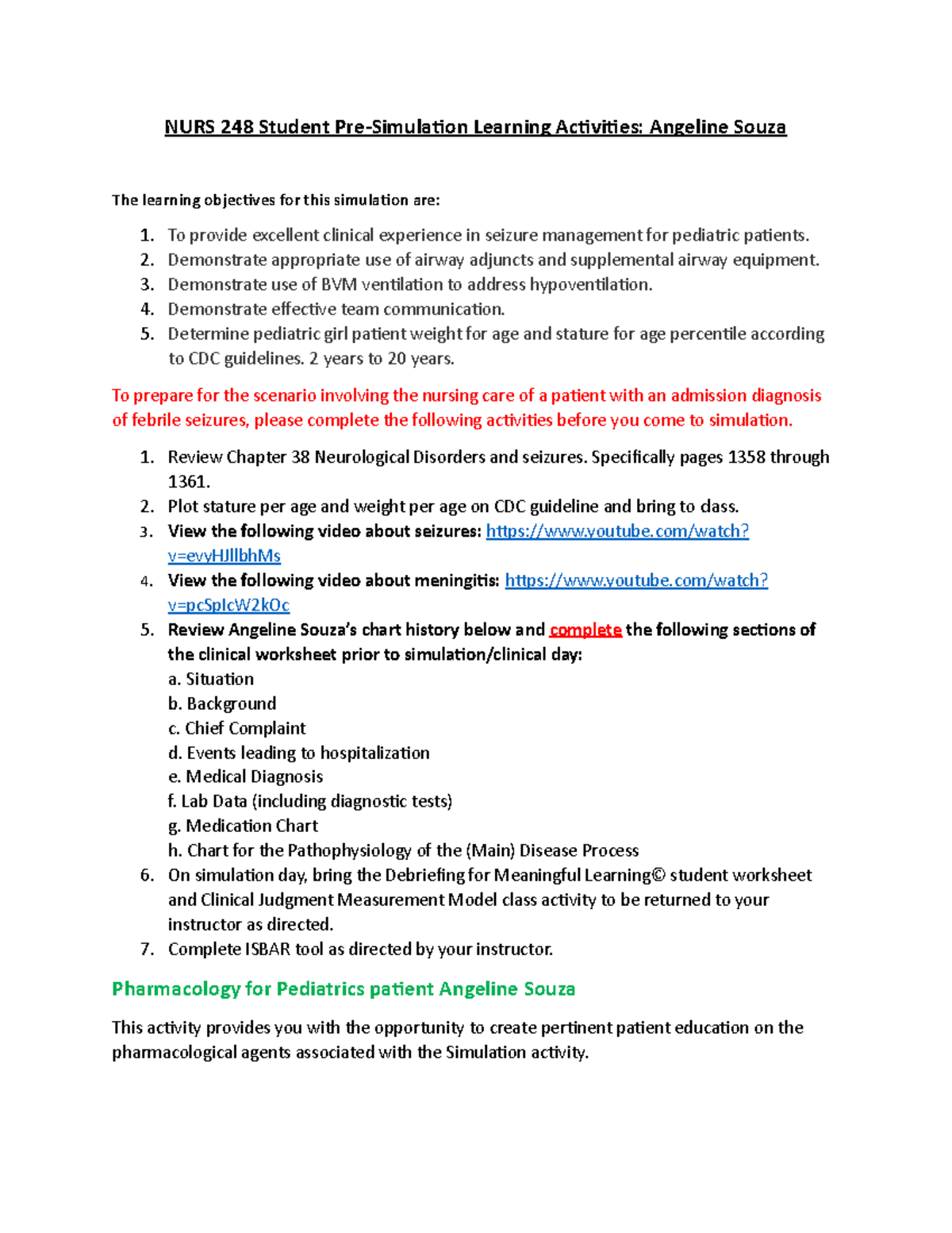 NRS 248 Student Pre-Simulation Learning Activities Angeline Souza ...