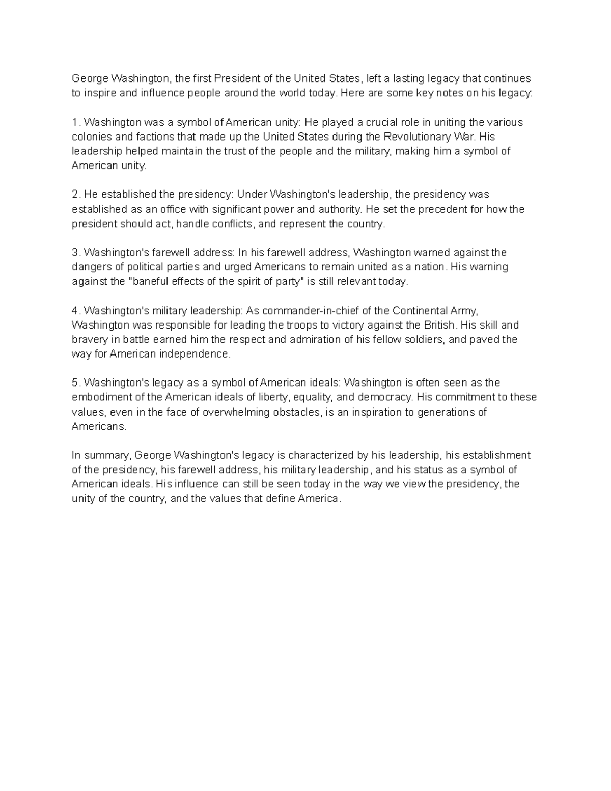George Washington's Legacy Notes - George Washington, the first ...