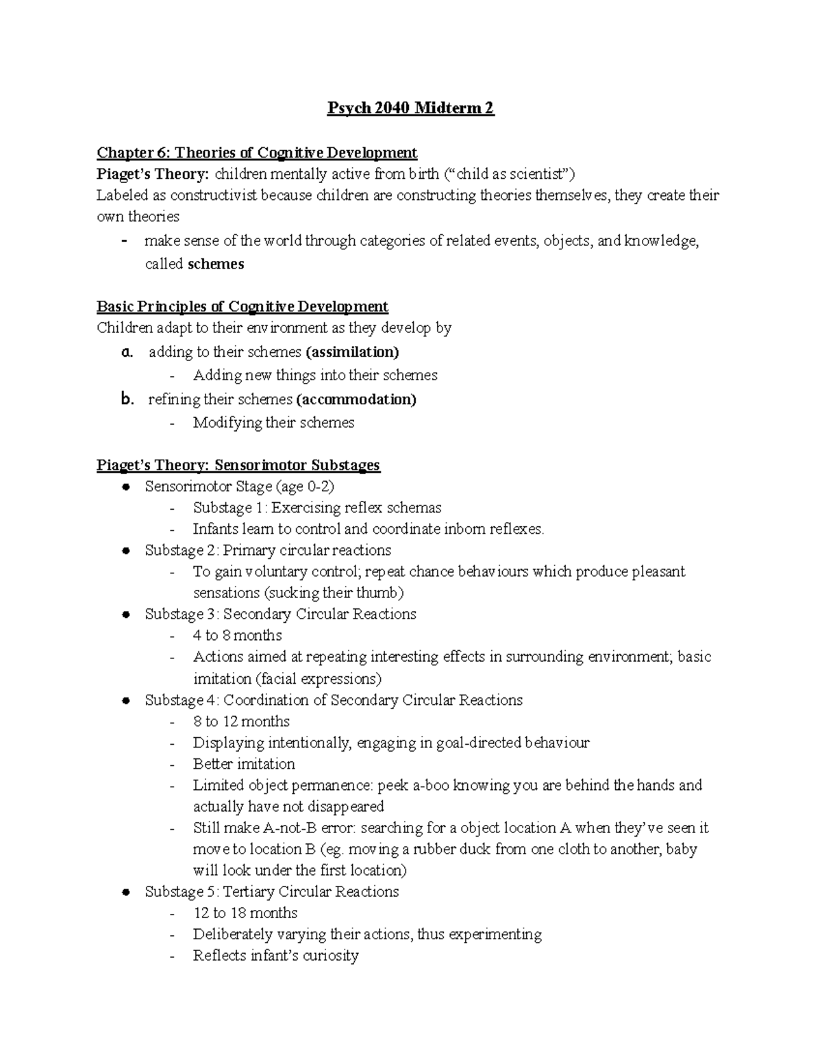 Psych 2410 Midterm 2 - Psych 2040 Midterm 2 Chapter 6: Theories of Cognitive Development Piaget ...