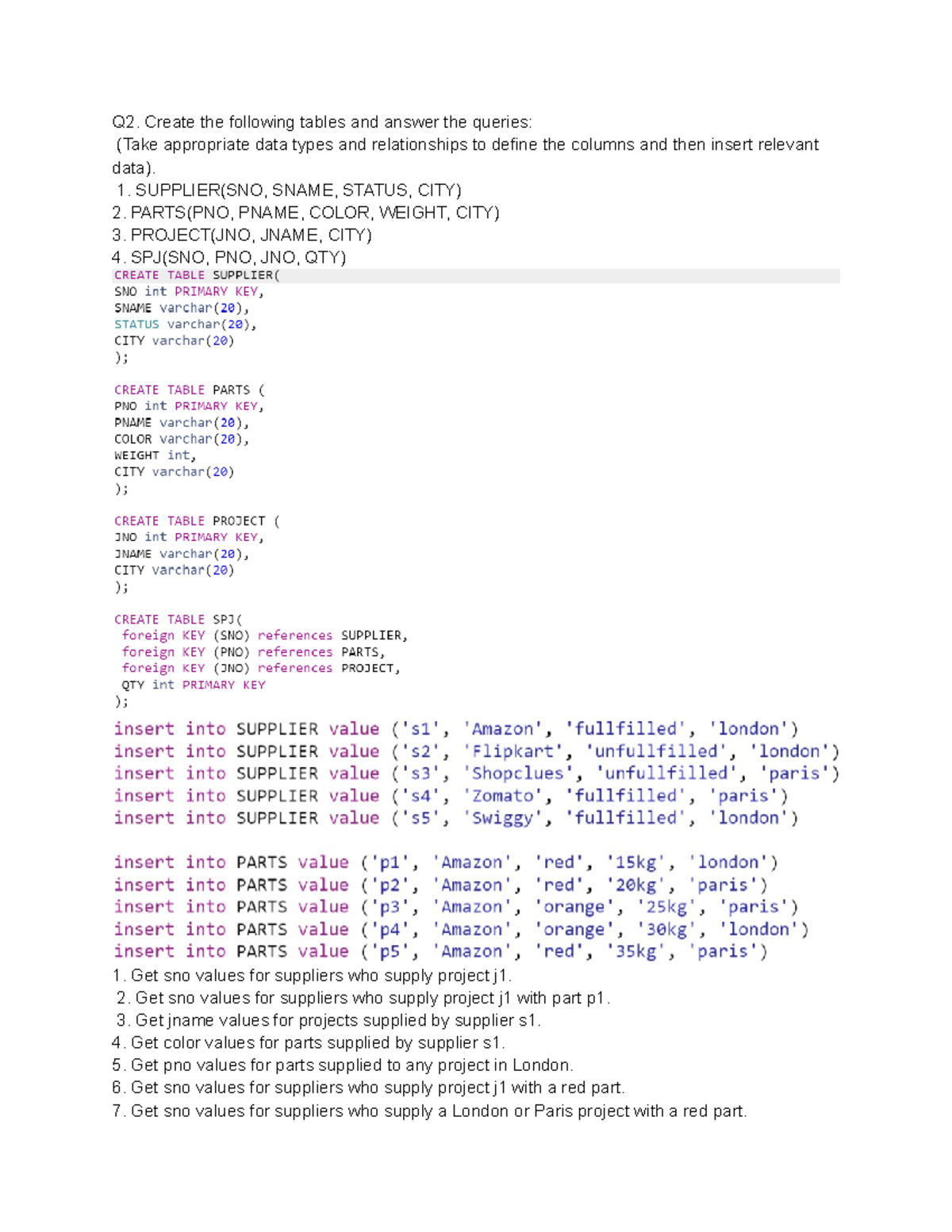 Untitled 2: DBMS returns - Q2. Create the following tables and answer ...