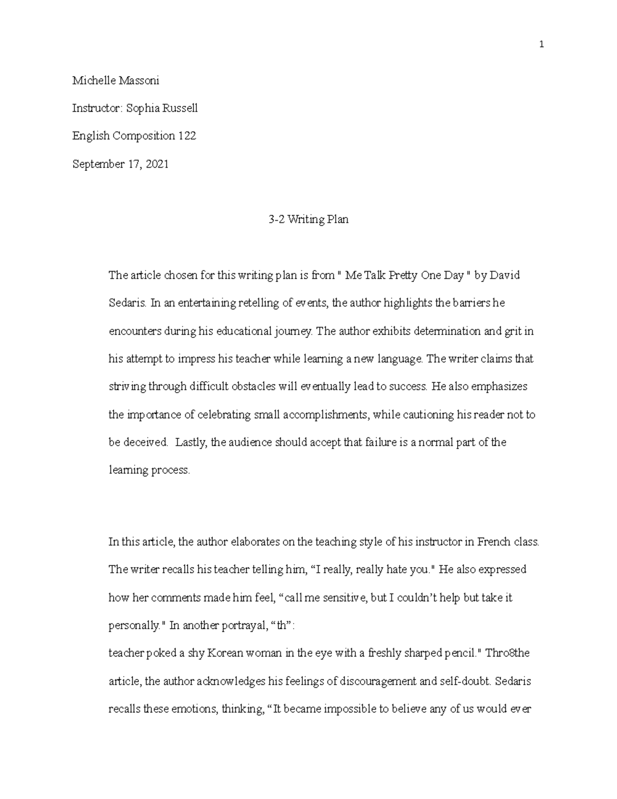 3-2 writing plan final draft - 1 Michelle Massoni Instructor: Sophia ...