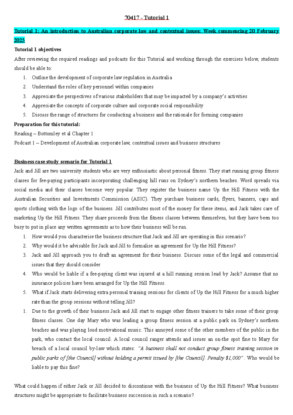 70417 - Tutorial 1 - 70417 - Tutorial 1 Tutorial 1: An introduction to Australian corporate law ...