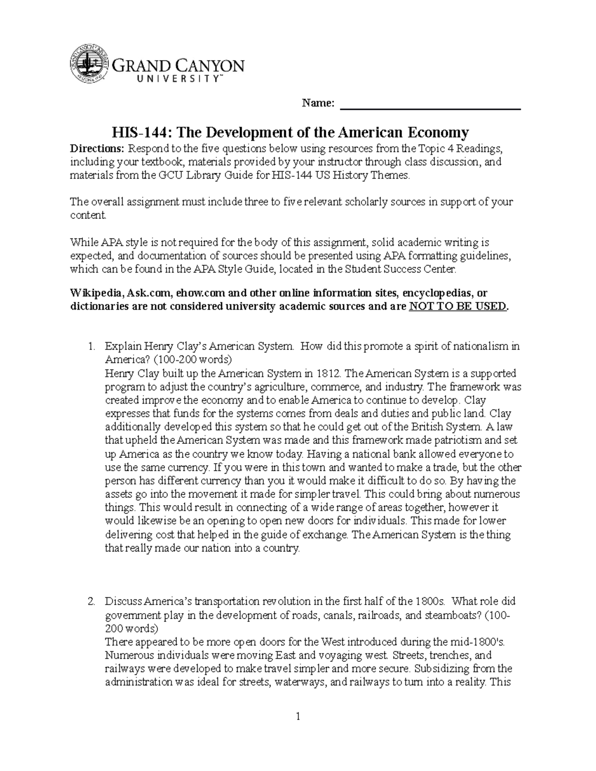 Development of the American Economy Worksheet - Name: HIS-144: The ...