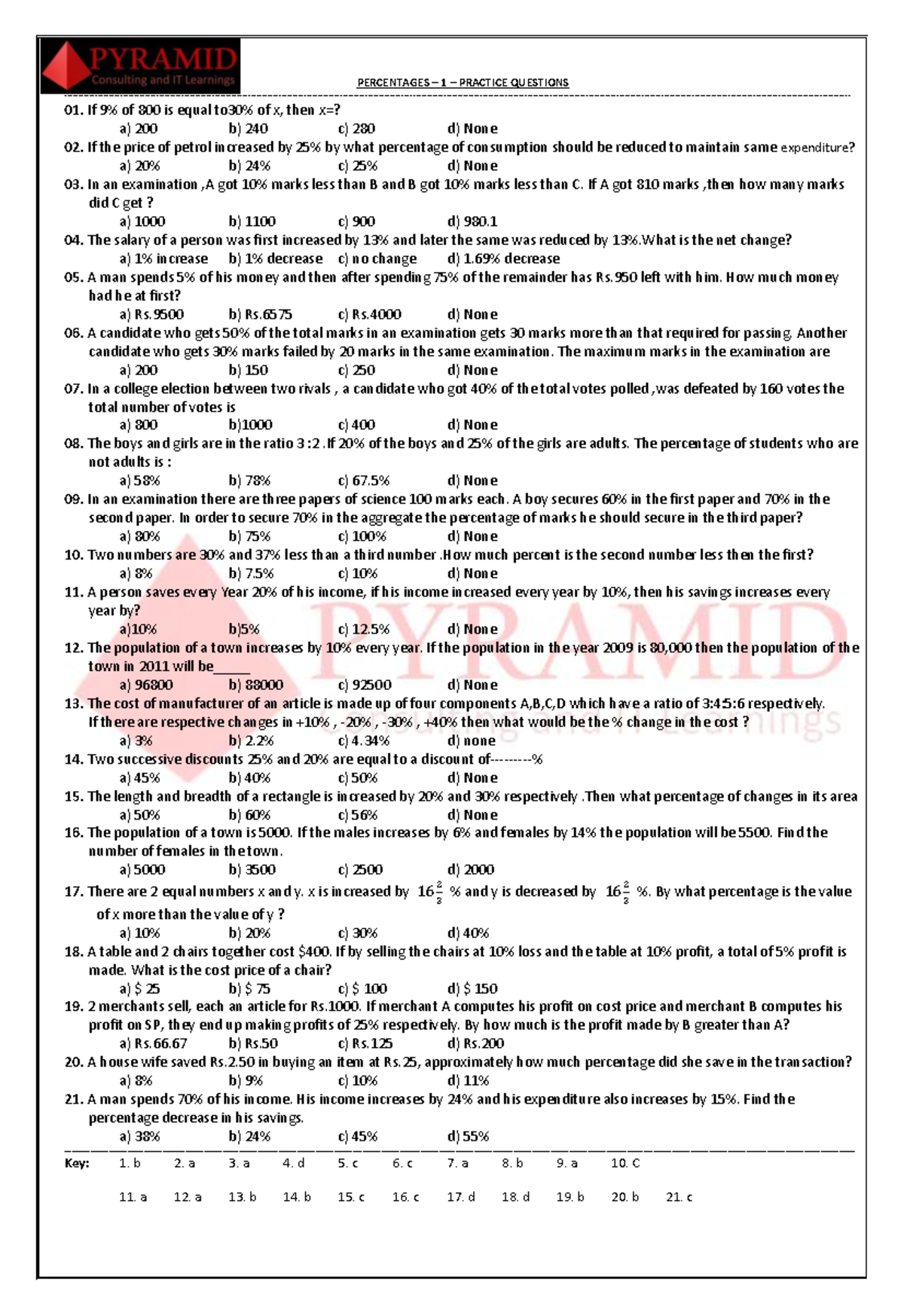 Percentages - Practice sheet - Pyramid - PERCENTAGES – 1 – PRACTICE ...