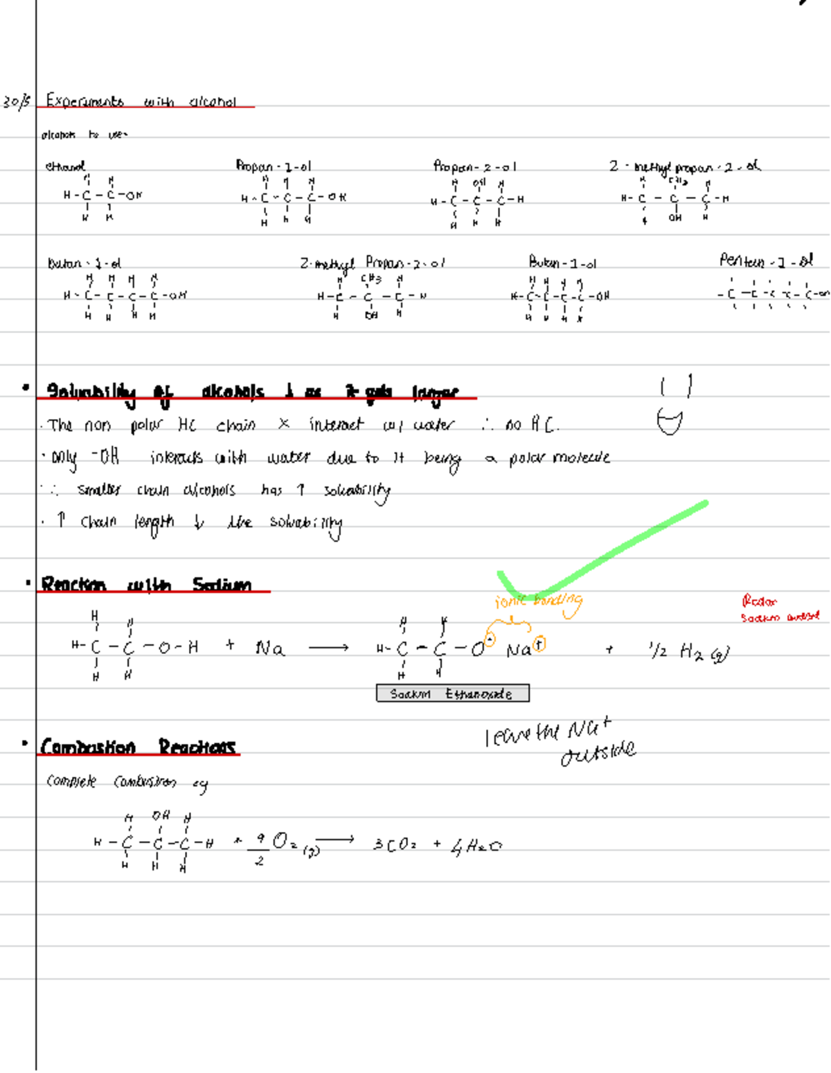 Handwritten notes on alcohols aqa a level - > 3013 Experiments with ...